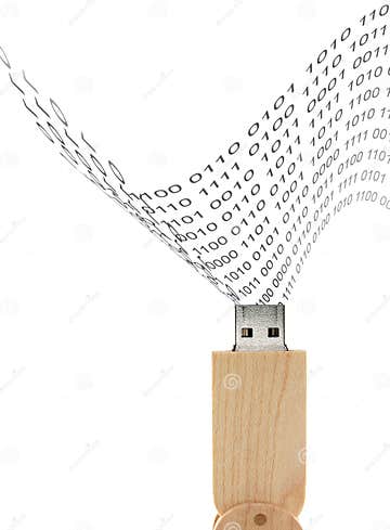 Close-up Binary Coded Data is Flowing into Beige Wooden Usb Flash Drive Stock Photo - Image of ...