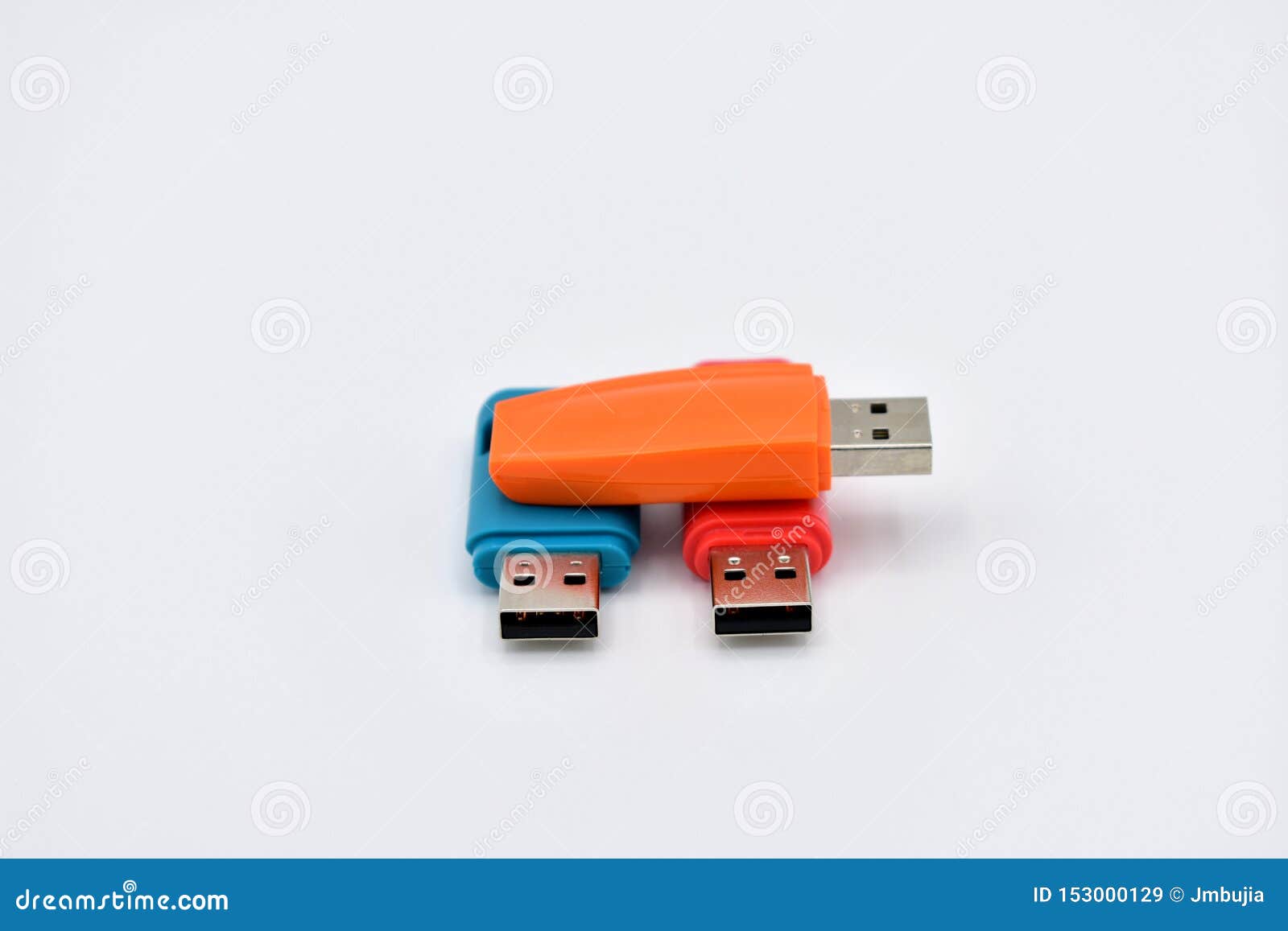 USB Flash Memory Drives with Colours, Orange, Blue and Red, on a White ...