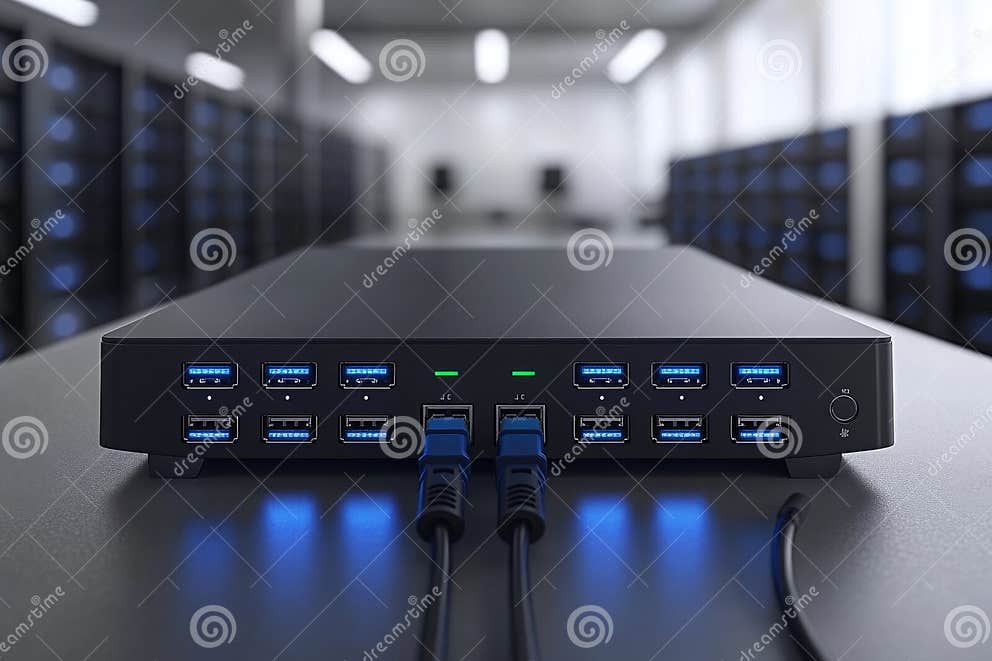 USB Hub with Multiple Ports Illuminated by Blue Lights Visualizing ...