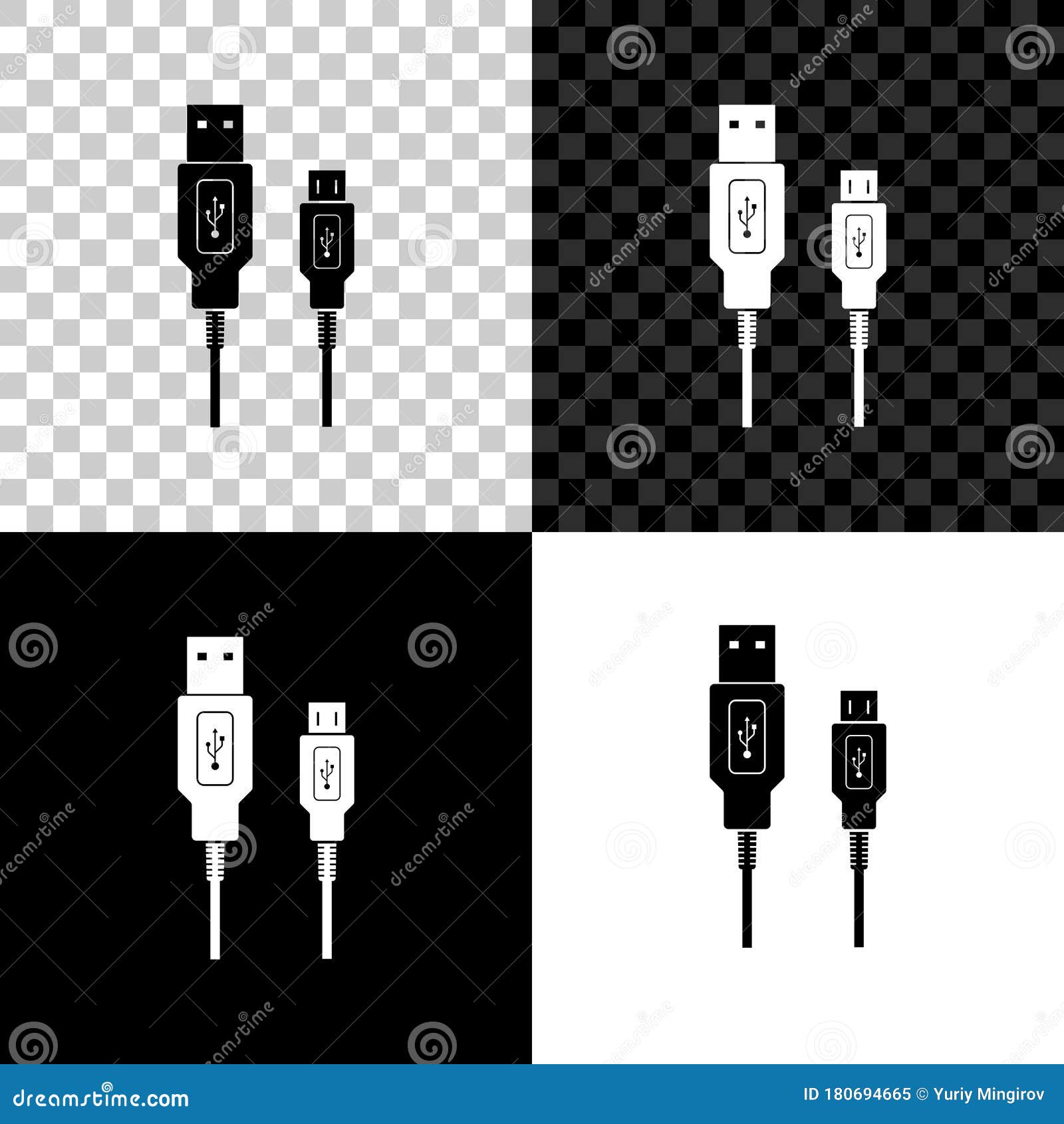 USB Micro Cables Icon on Black, White and Transparent Background ...