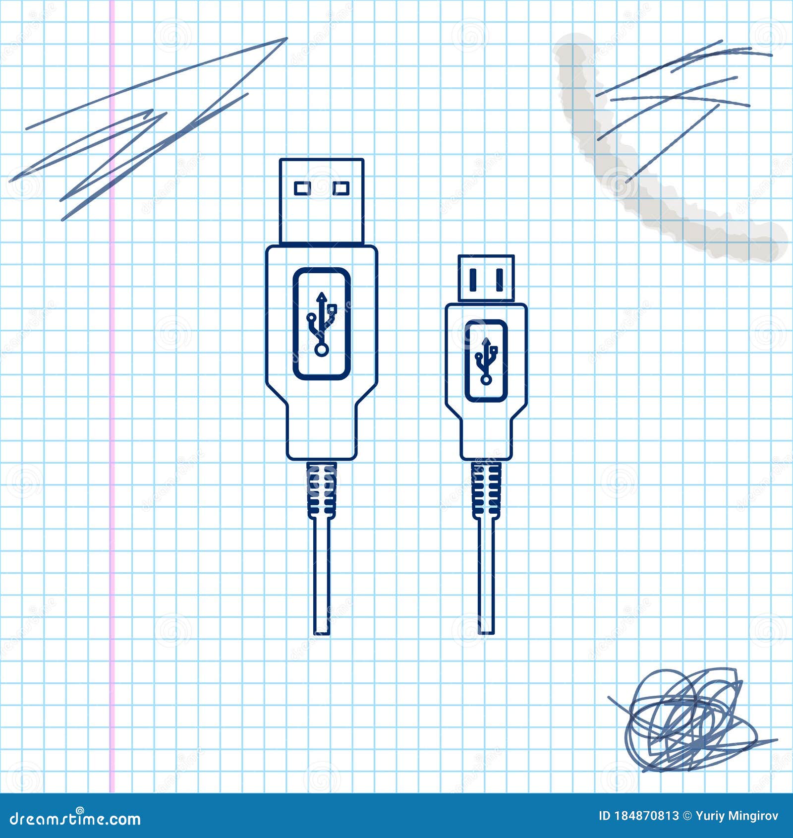 USB Micro Cables Line Sketch Icon Isolated on White Background ...