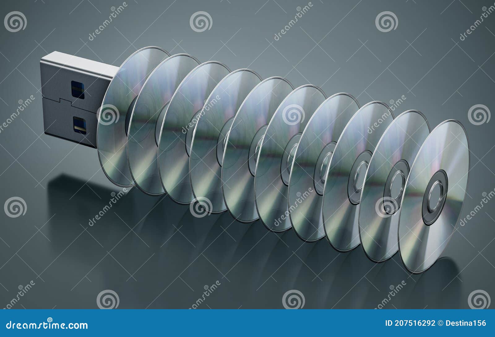 USB Pen Drive with Stacked Discs Isolated on Black Background. 3D ...