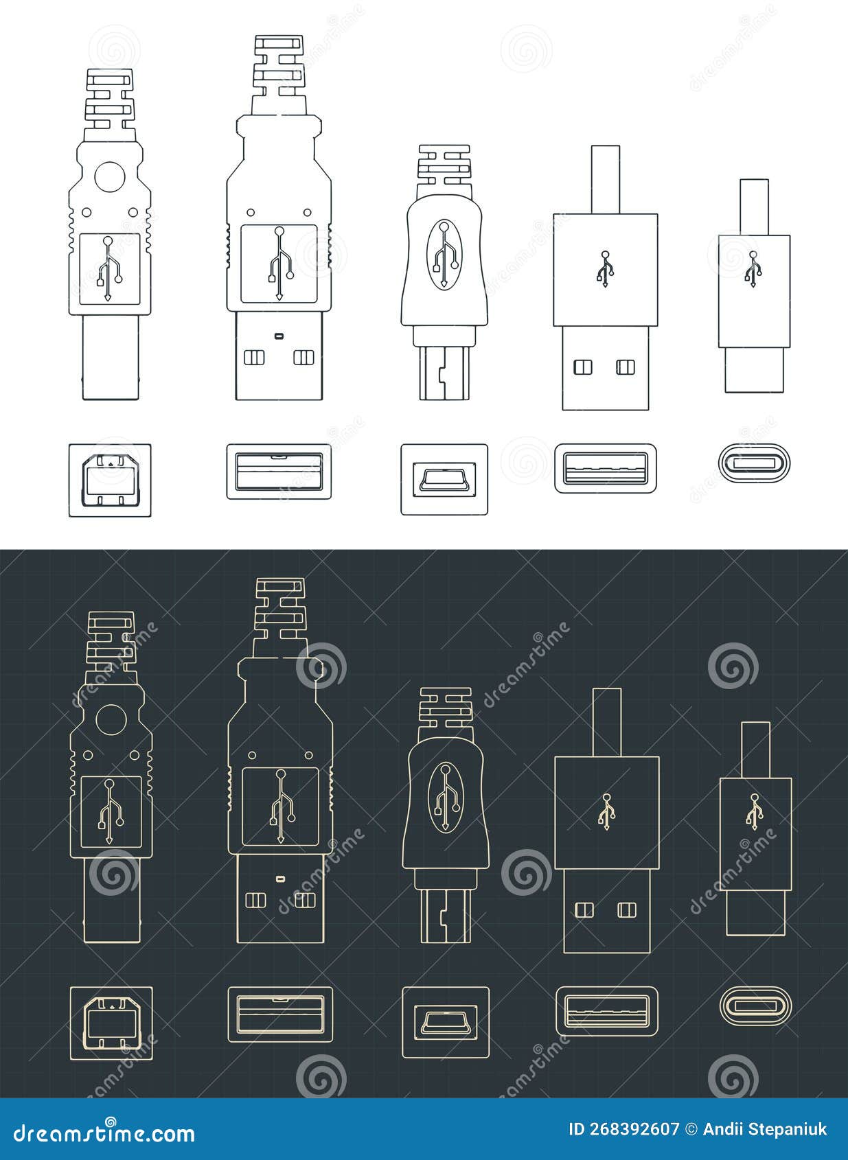 USB plug blueprints set stock vector. Illustration of electronic ...