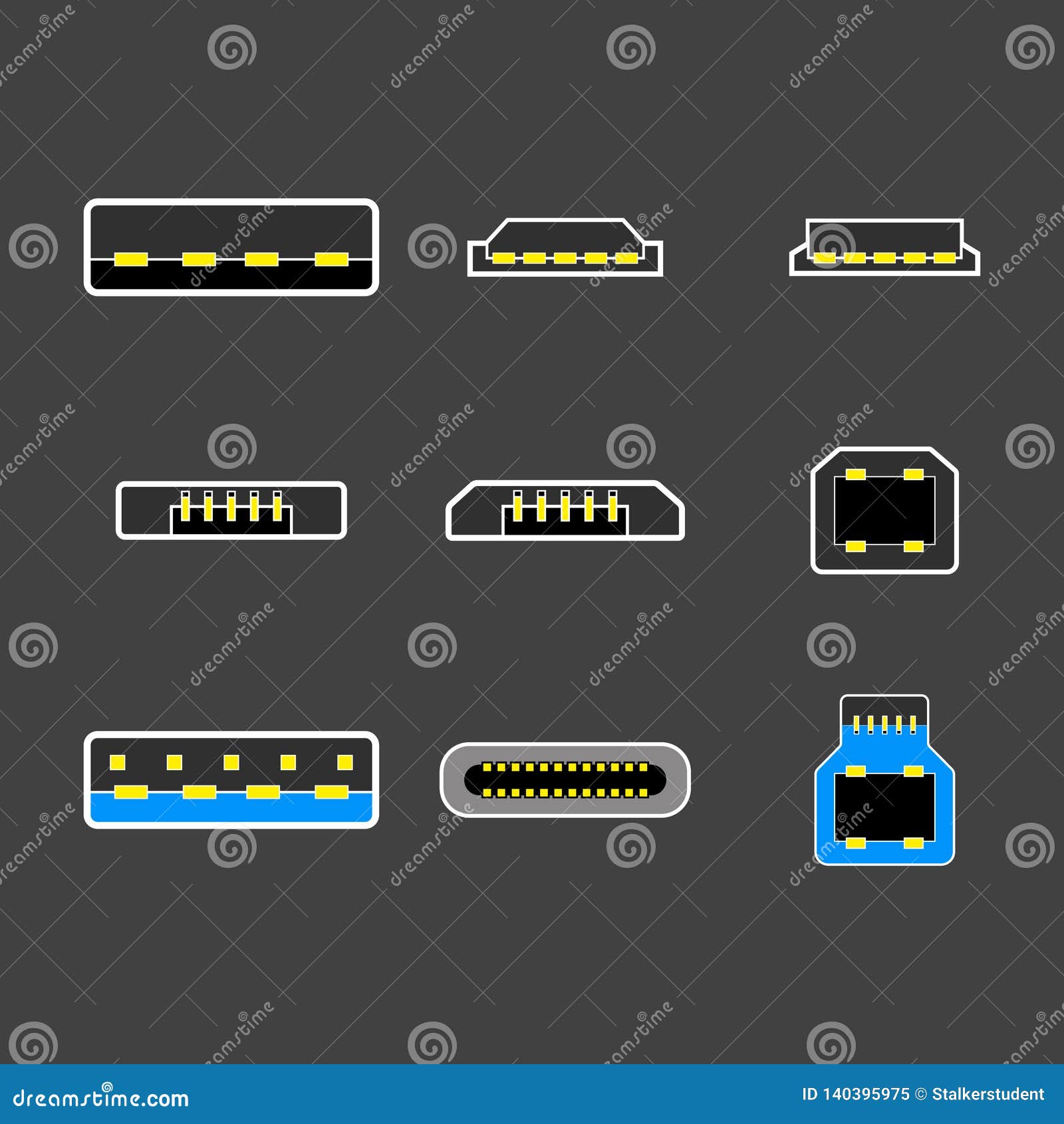 USB Type a, B and USB Type C Plugs, Micro, Lightning, Universal ...