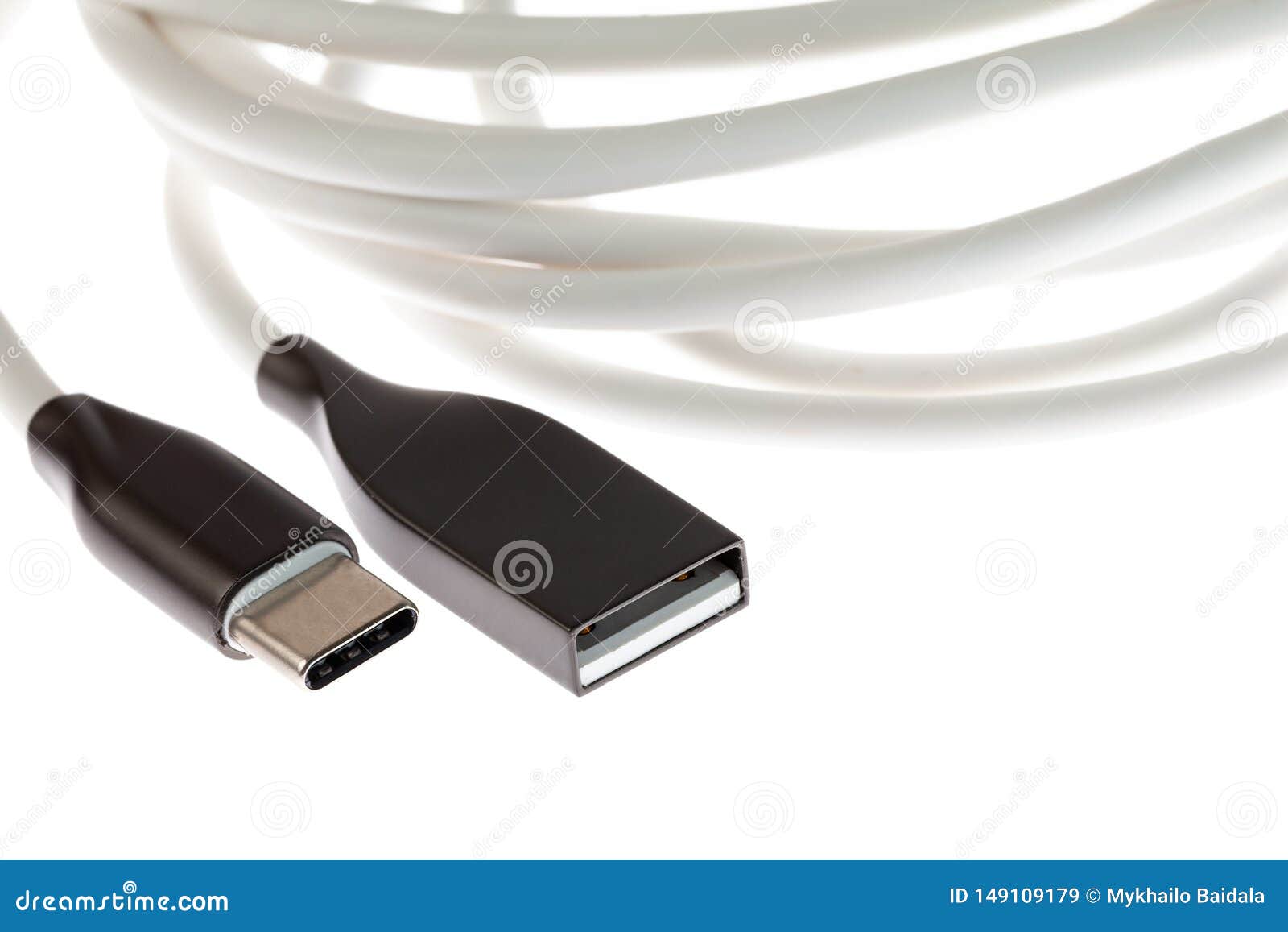 USB Type C Data & Power Cable Isolated on White Background. Close Up ...