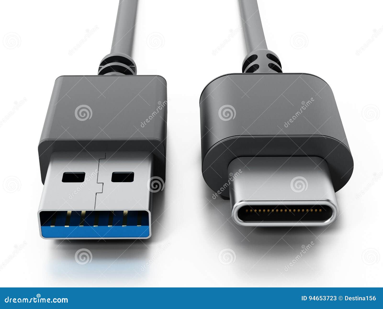 USB Type C and USB 3.0 Cables Isolated on White Background. 3D ...