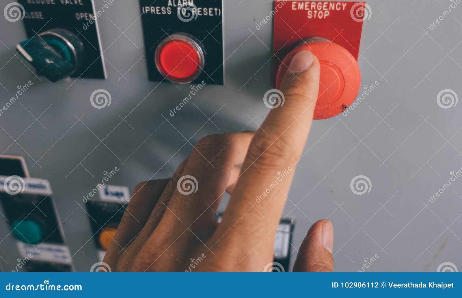 Use Hand is Push Emergency Button on Electrical Control Cabinet Stock ...