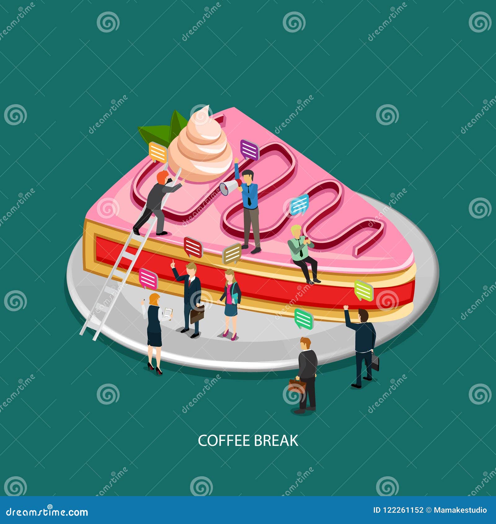 Business Coffee Break Time with Cake Icon and Isometric Stock Vector ...