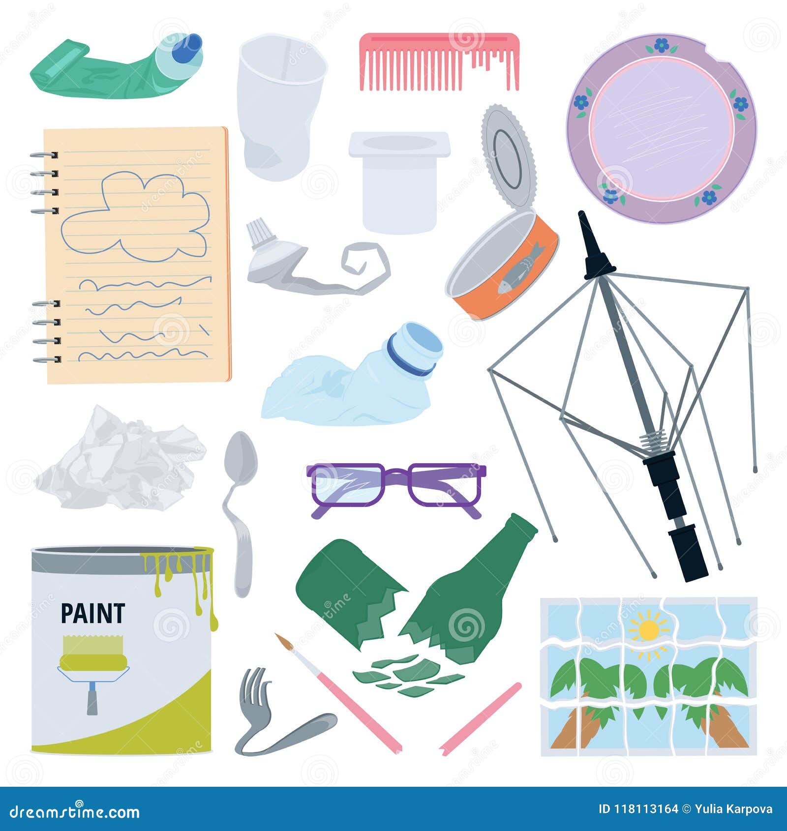 Used, Broken or Damaged Objects. Different Types of Waste Stock Vector ...