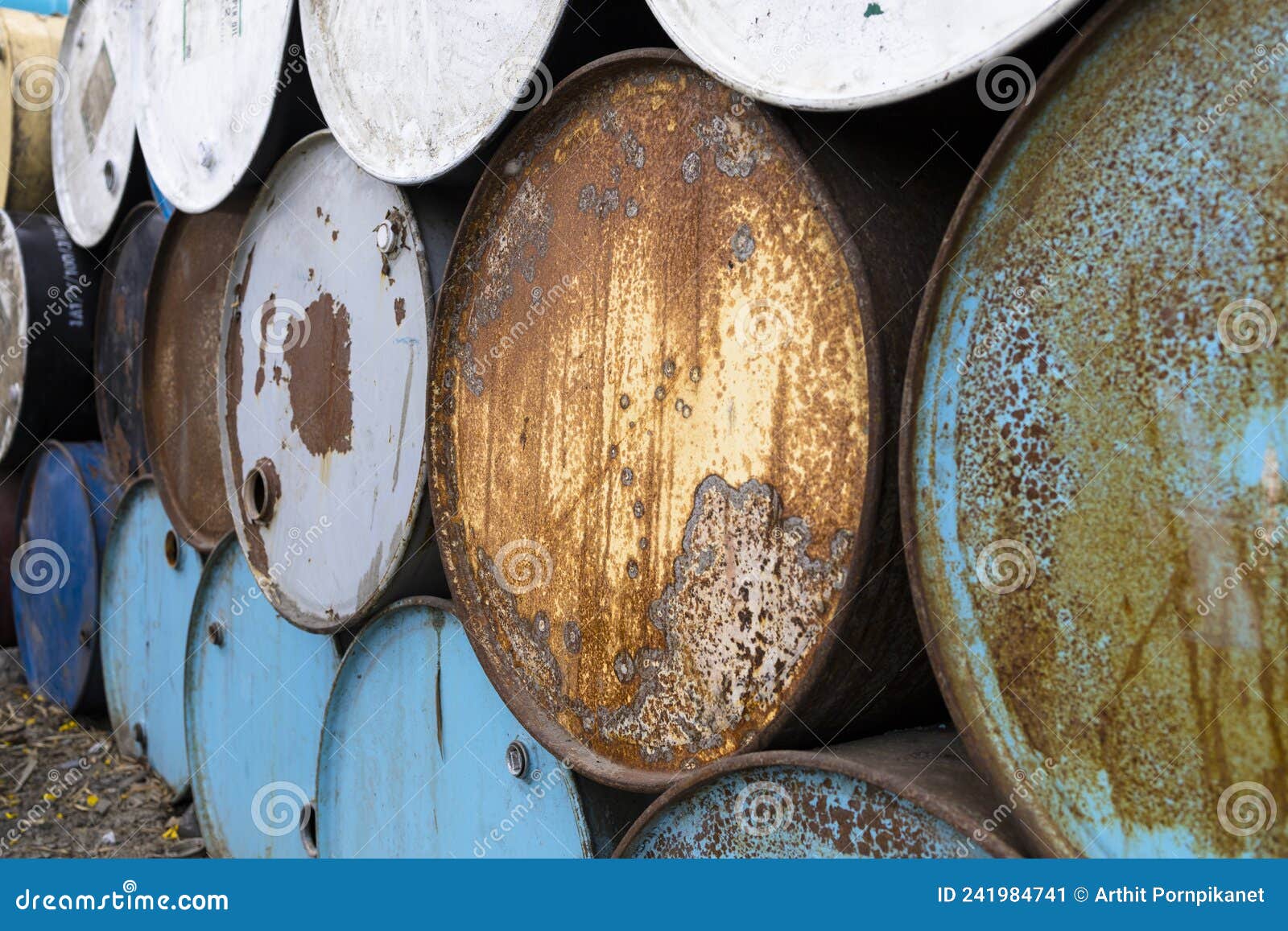 Used and Old Steel Drum Container Stack in a Row , Can Be Used As a ...