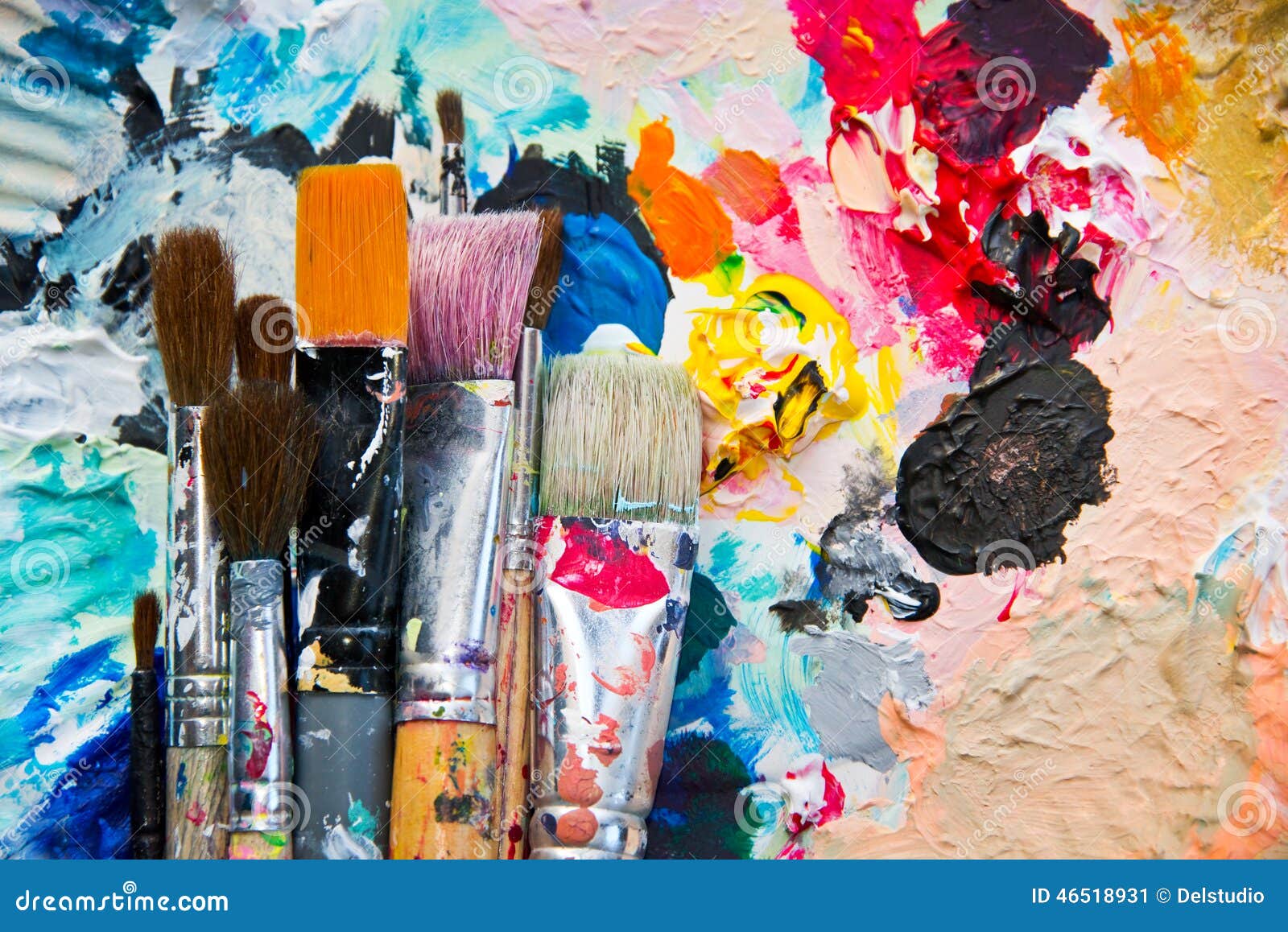 Used Paint Brushes on a Colorful Palette Stock Image - Image of used ...