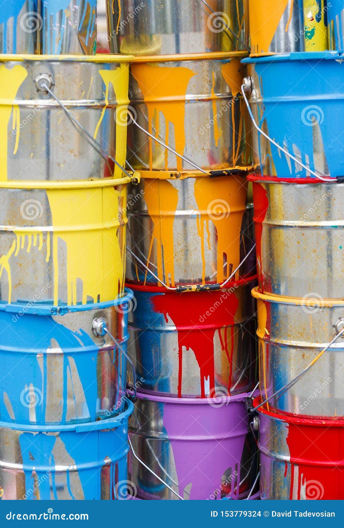 The Used Paint Cans. Colorful Paint Buckets. Stock Photo - Image of ...