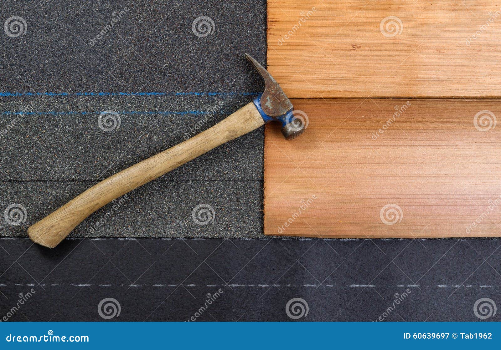Used Roofing Hammer with New Shingles of Composite and Cedar Woo Stock ...