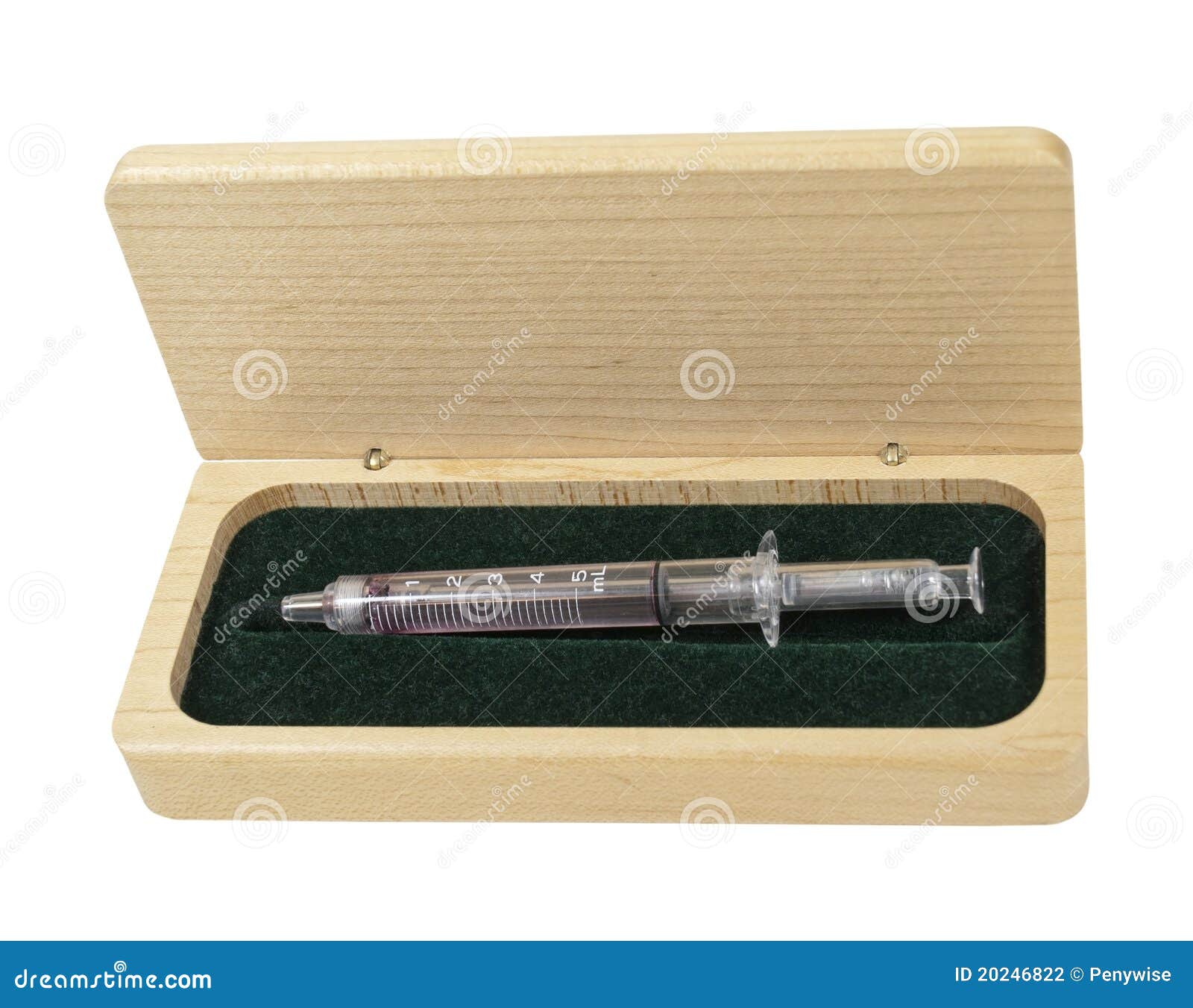Used Syringe in Wooden Box stock photo. Image of injection - 20246822