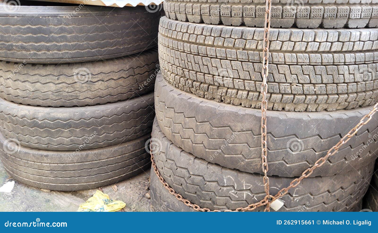 Used Tires of Big Trucks stock image. Image of wood - 262915661