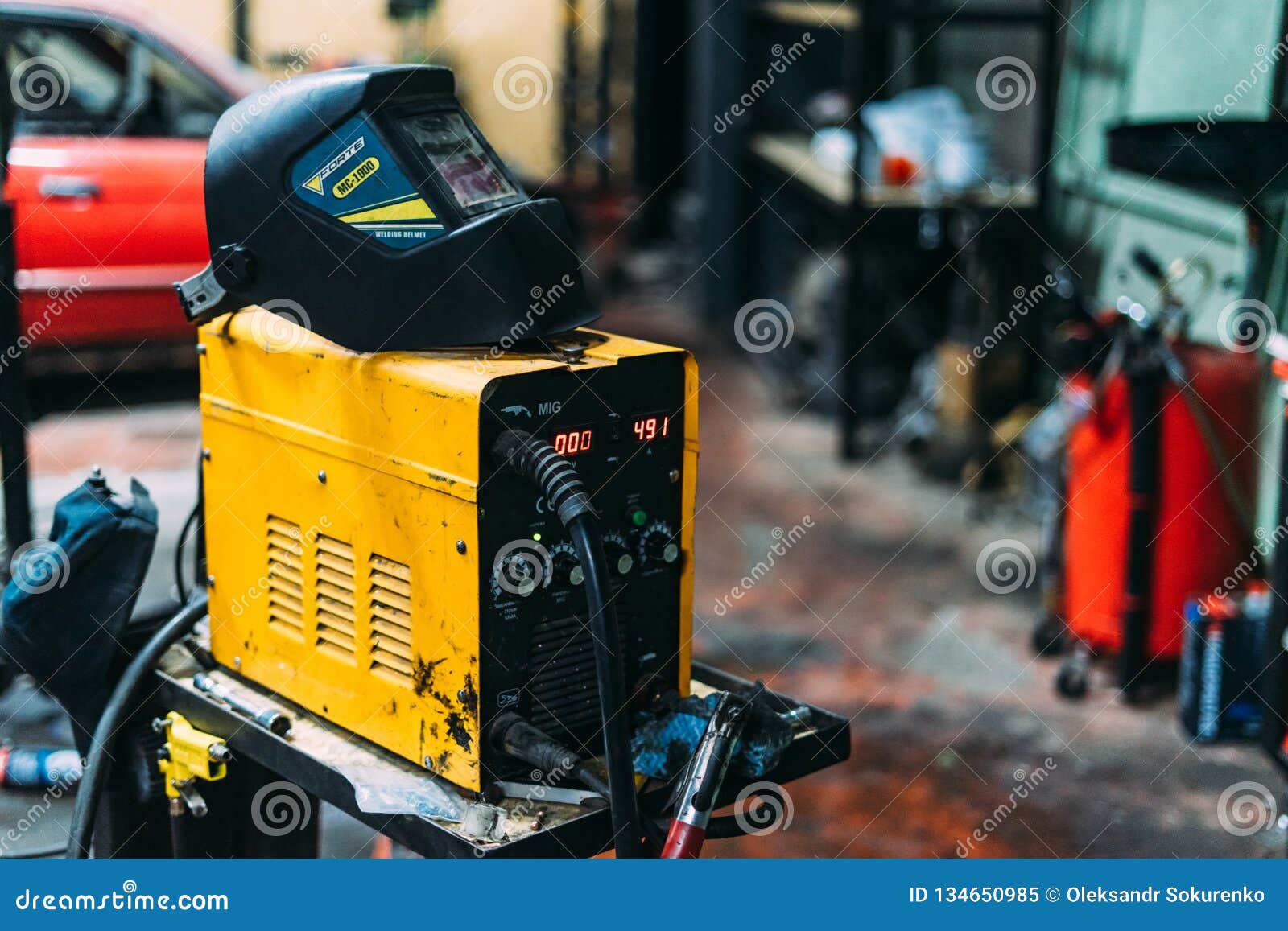 Used Welding Mask and Welding Mig Machine Stock Image - Image of ...