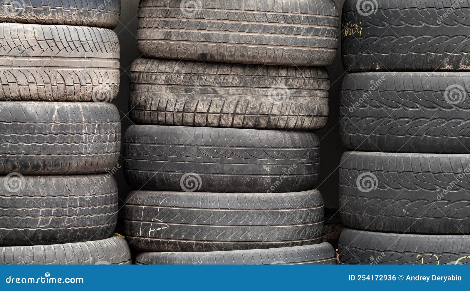 Used Wheel Tires Stacked Ready for Recycling. Stock Photo - Image of ...
