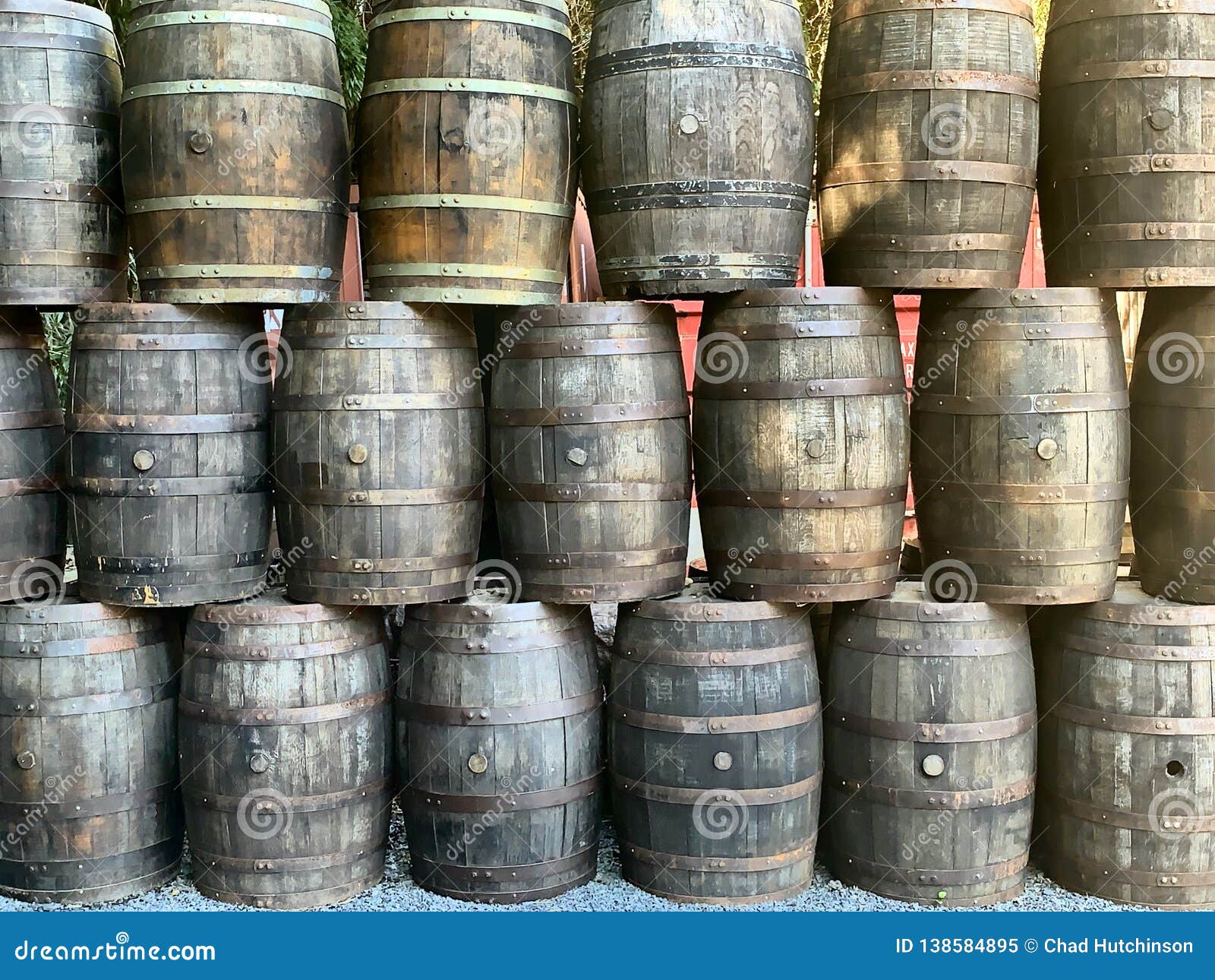 Used Whiskey Barrels Stacked for Display Stock Image - Image of display ...