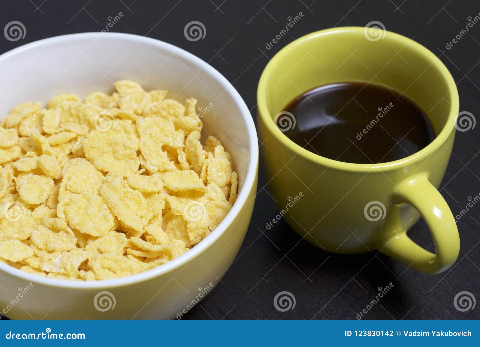 Useful Breakfast. Corn Sticks Flakes in a Container and a Mug of Coffee ...