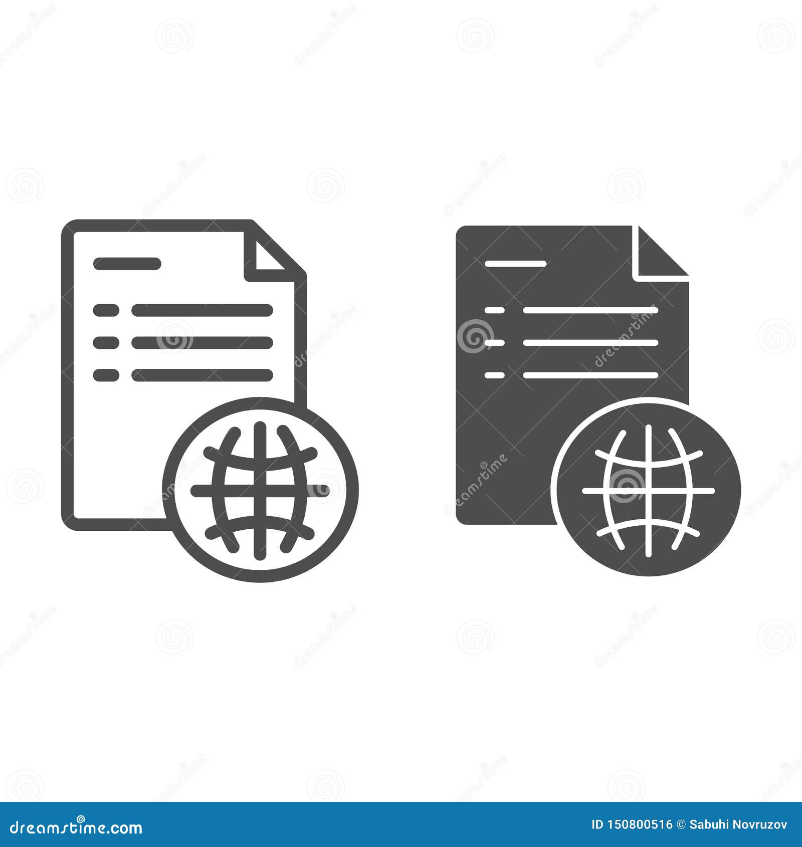 User Agreement Line and Glyph Icon. Document with Globe Vector ...