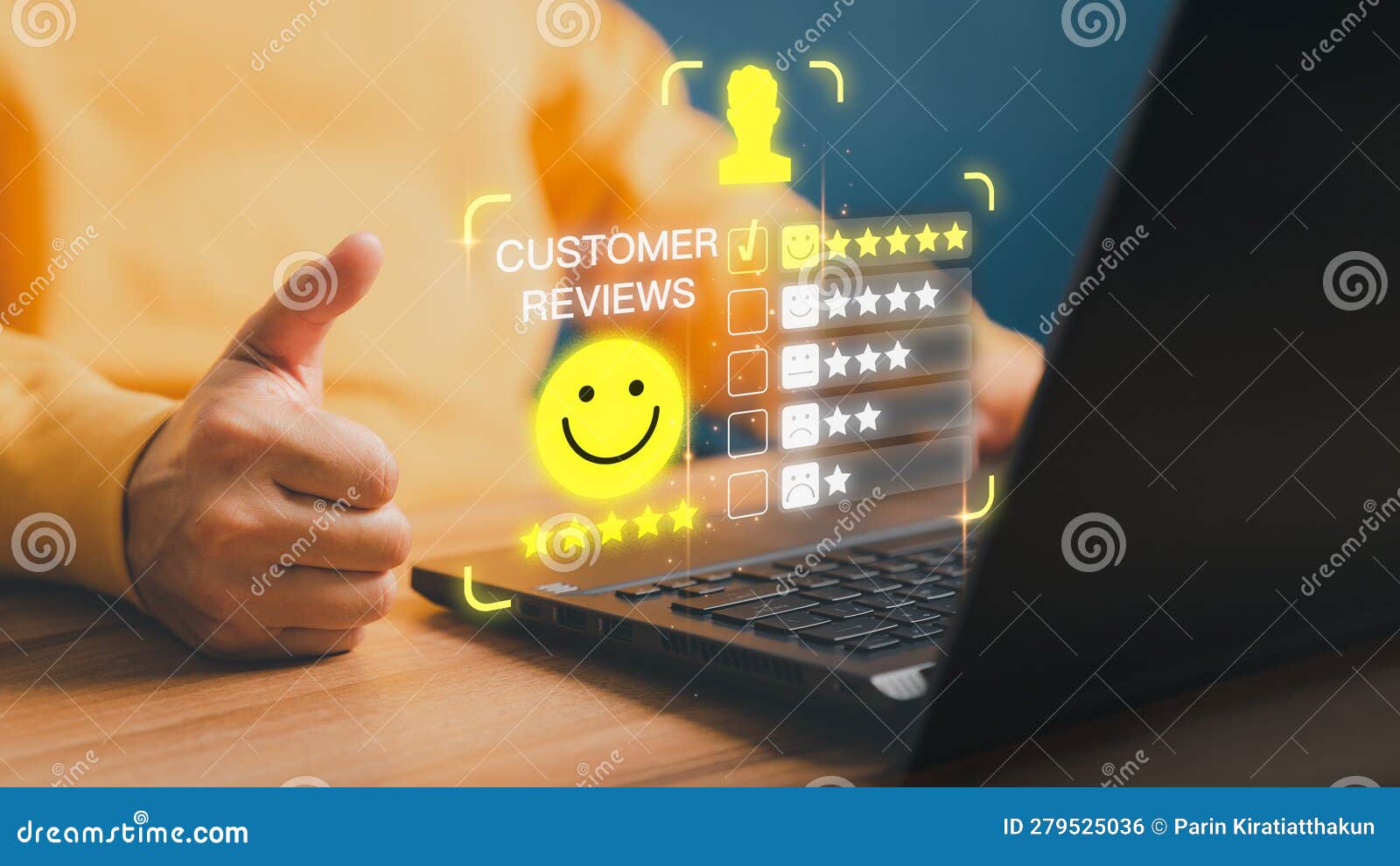 User Hand Using a Computer Laptop with Pop Up Smiley Face and Five Star ...