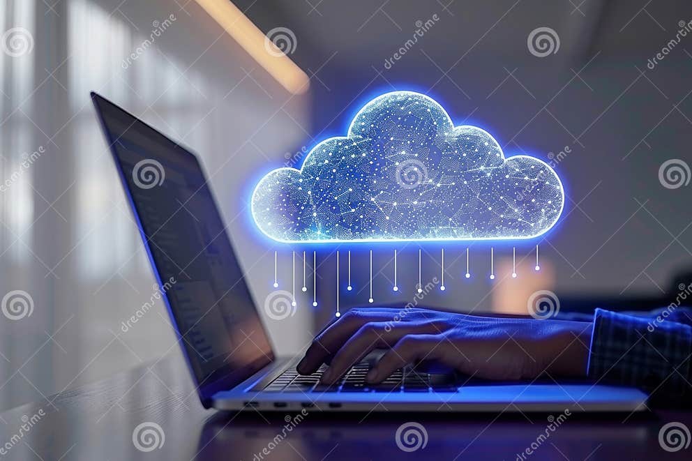 User Interacting With Secure Cloud Storage Through Laptop Concept Of Big Data Visualization