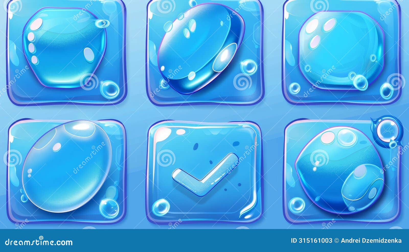 User Interface Design Element from Water with Bubbles, Check Box, Play ...