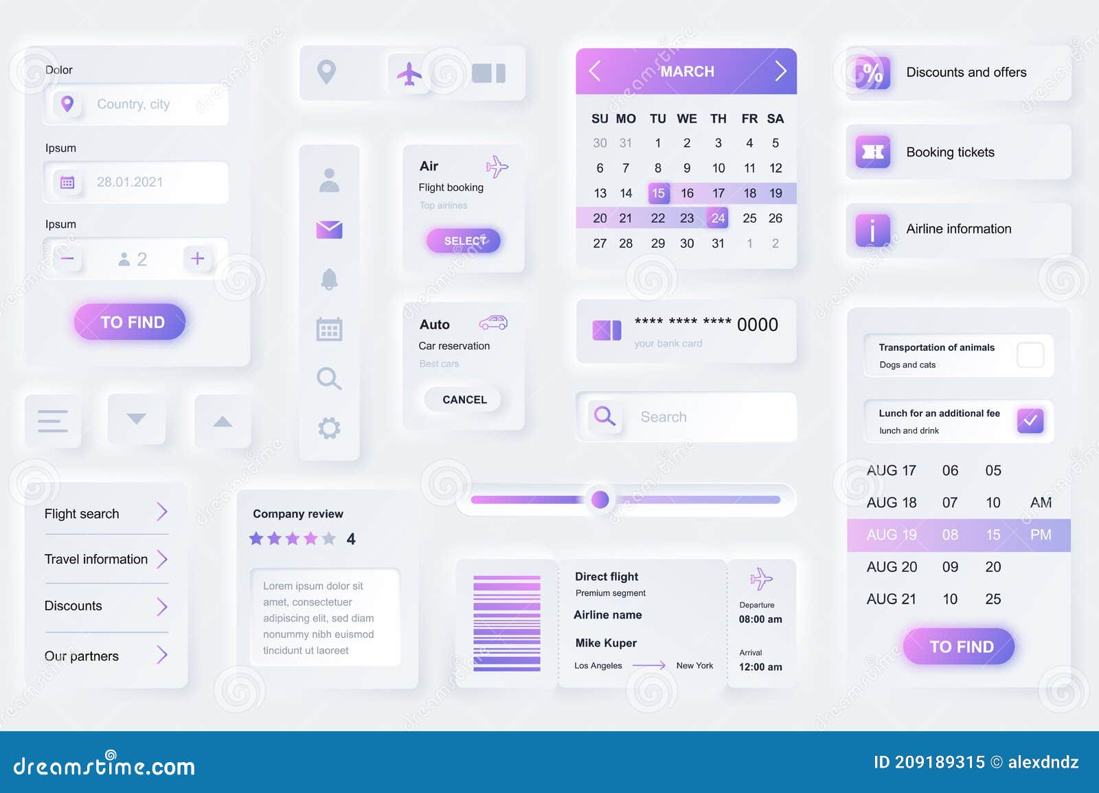 User Interface Elements for Booking Travel Mobile App. Unique Neumorphic Design UI, UX, GUI, KIT ...