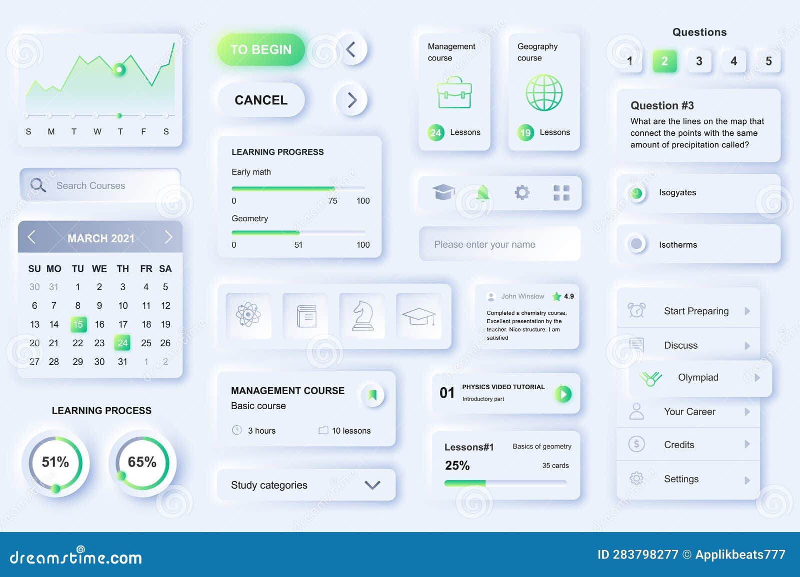 User Interface Elements for Distant Learning Mobile App. Unique Neumorphic Design UI, UX, GUI ...
