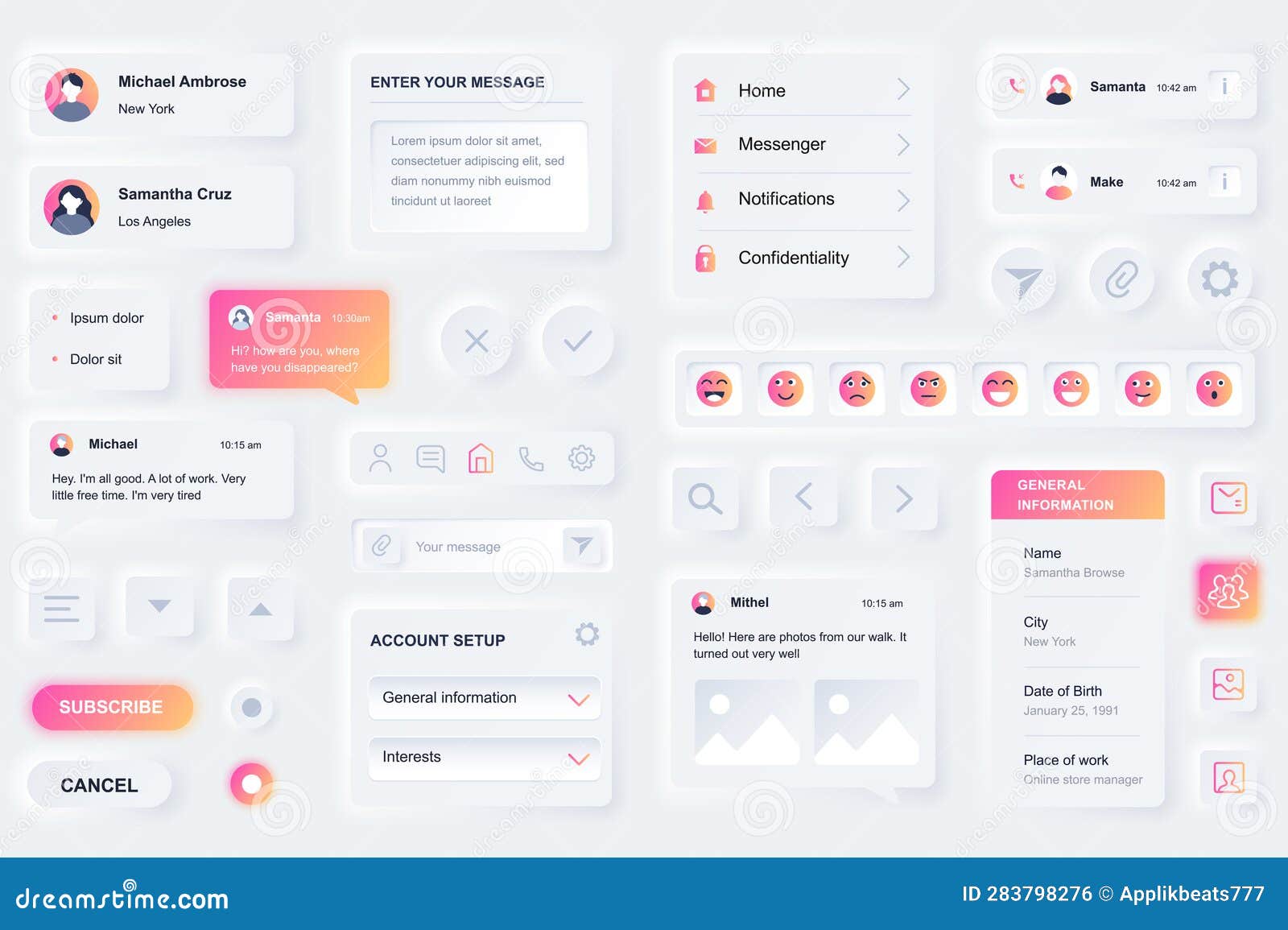 User Interface Elements for Social Network Mobile App. Unique Neumorphic Design UI, UX, GUI, KIT ...