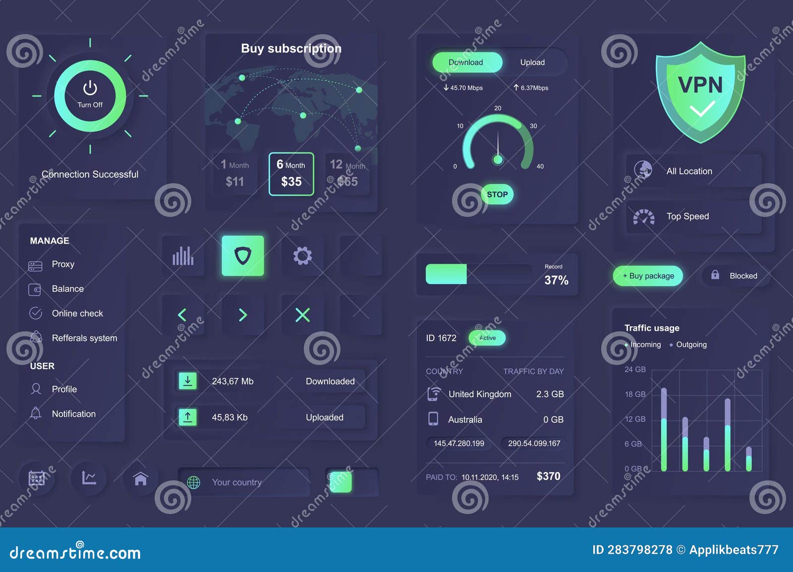 User Interface Elements for VPN Service Mobile App. Unique Neumorphic Design UI, UX, GUI, KIT ...