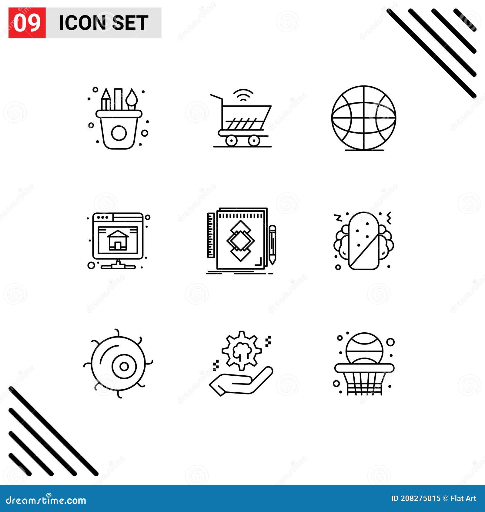 User Interface Pack of 9 Basic Outlines of Identity, Design, Globe, Server, Database Stock ...