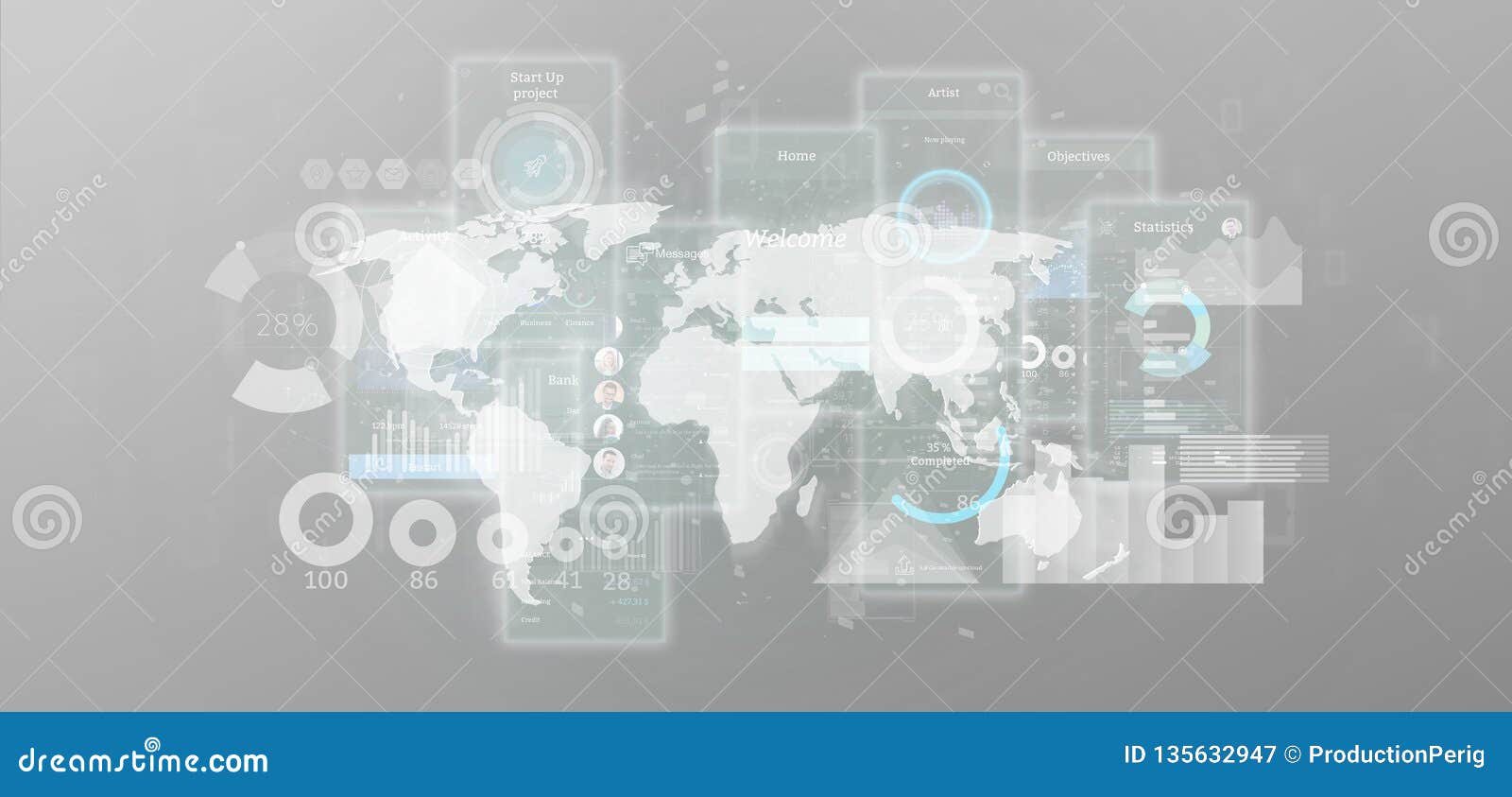 User Interface Screens with Icon, Stats and Data 3d Rendering Stock ...