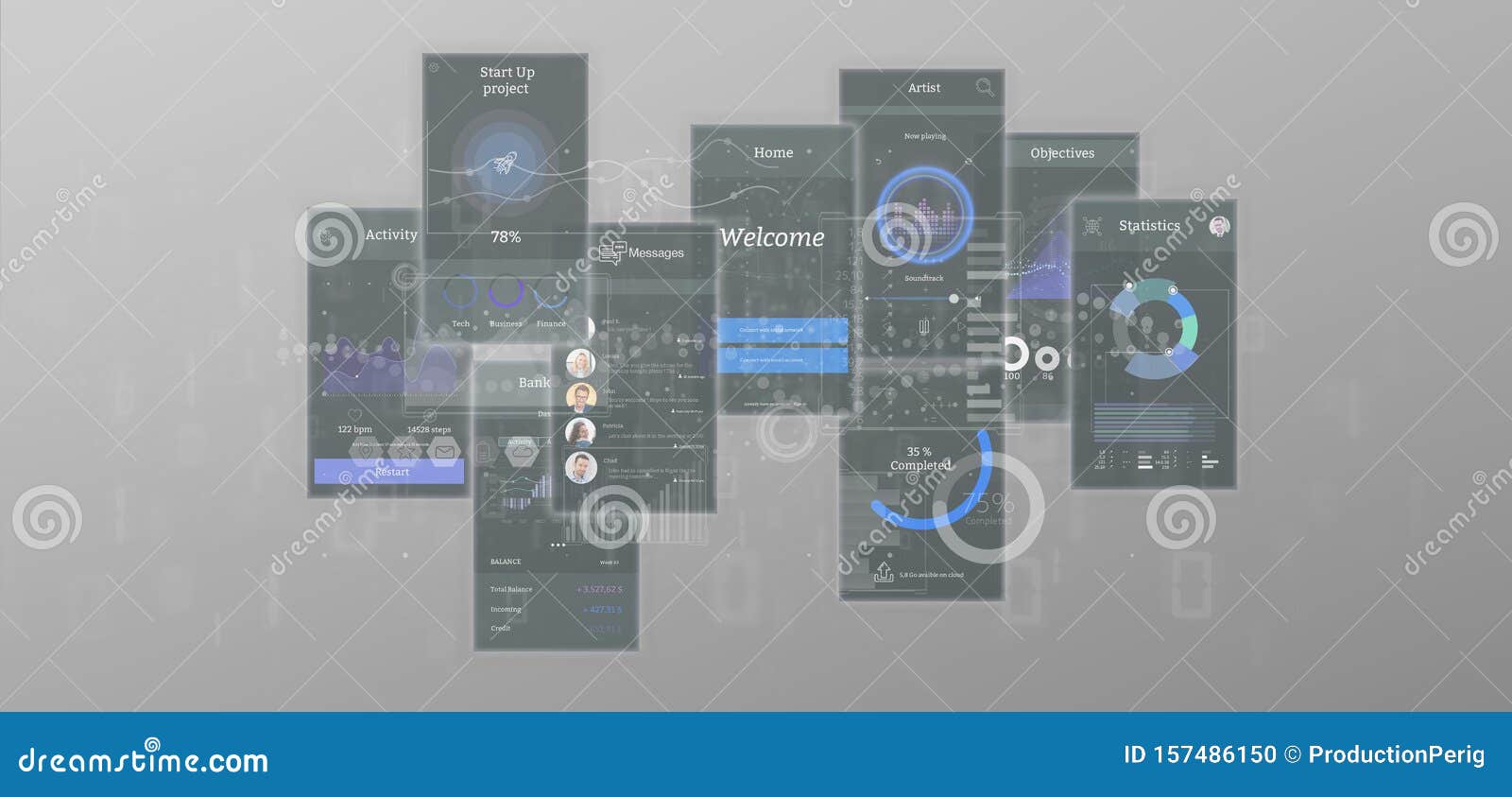User Interface Screens with Icon, Stats and Data 3d Rendering Stock ...