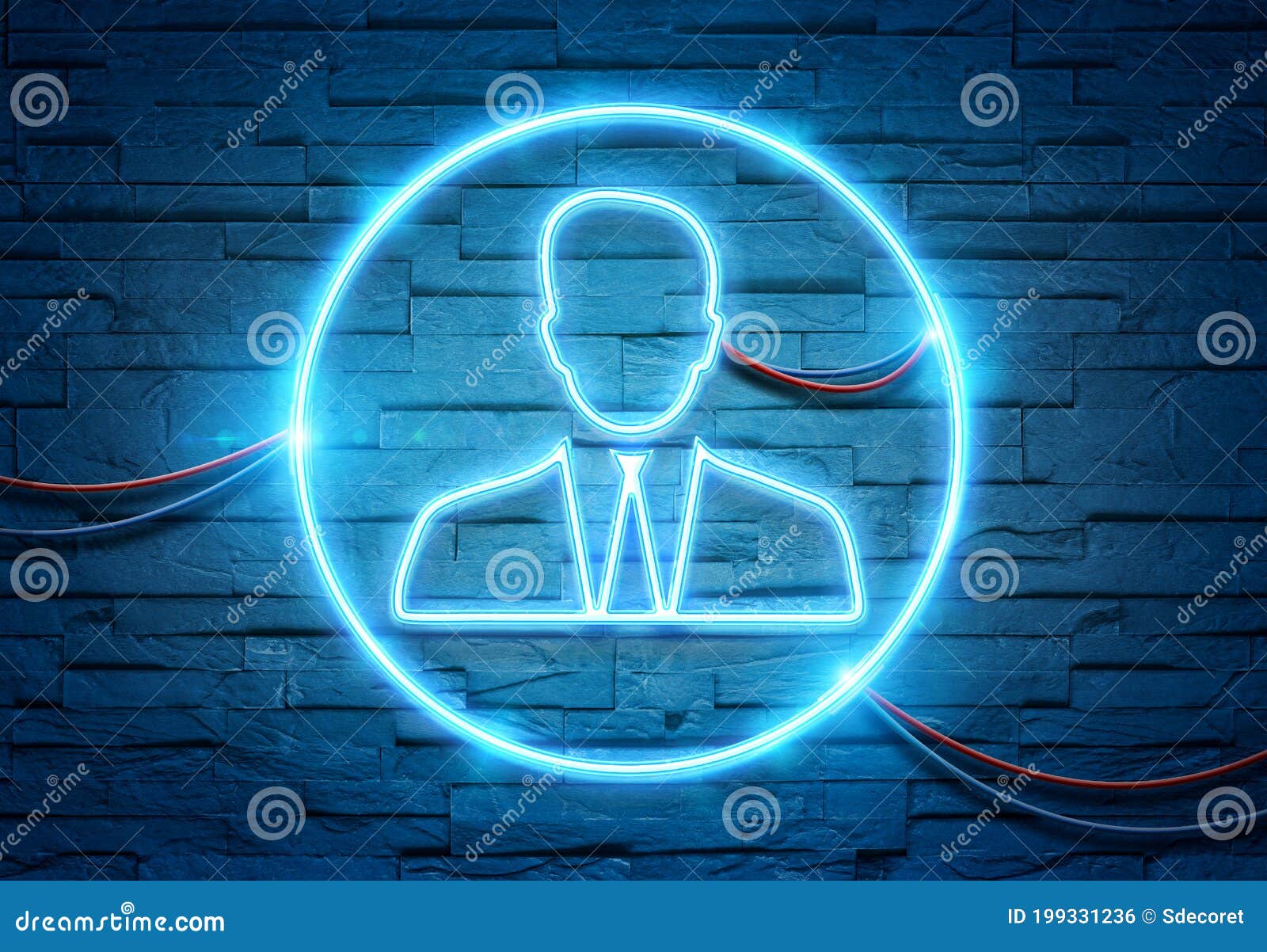 User Neon Icon Illuminating a Brick Wall with Blue Glowing Light 3D ...