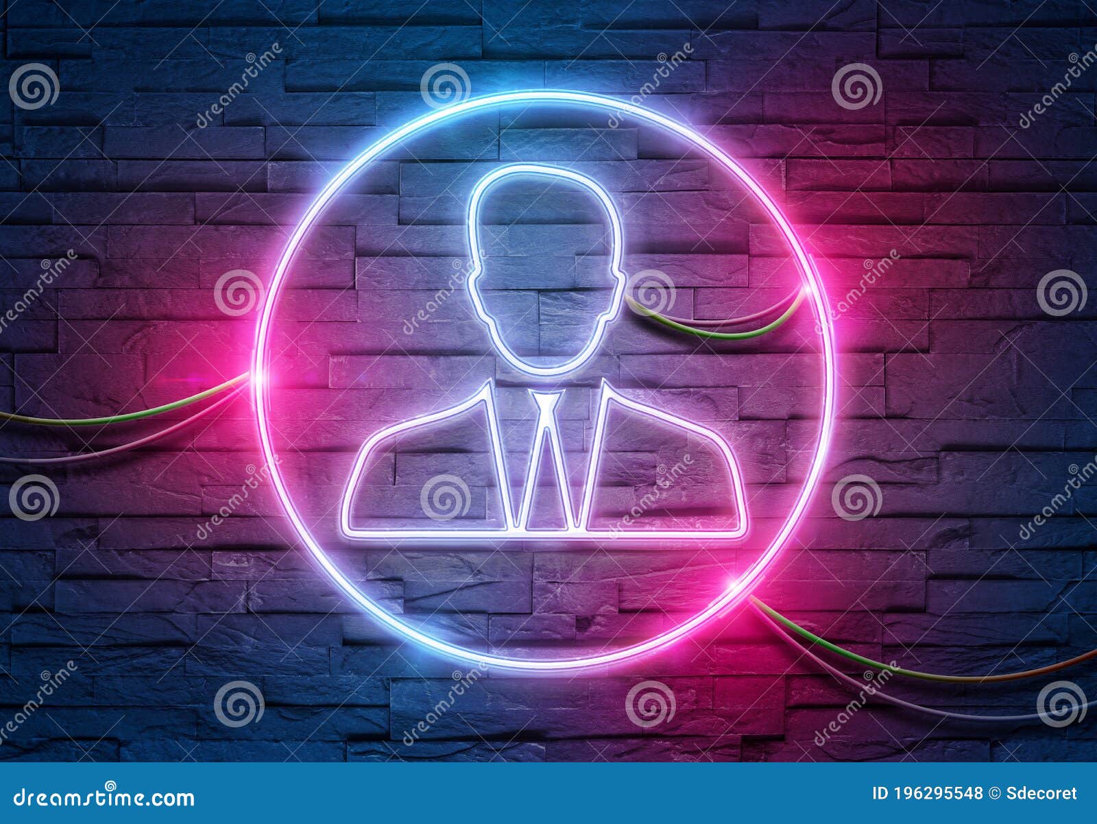 User Neon Icon Illuminating a Brick Wall with Blue and Pink Glowing ...