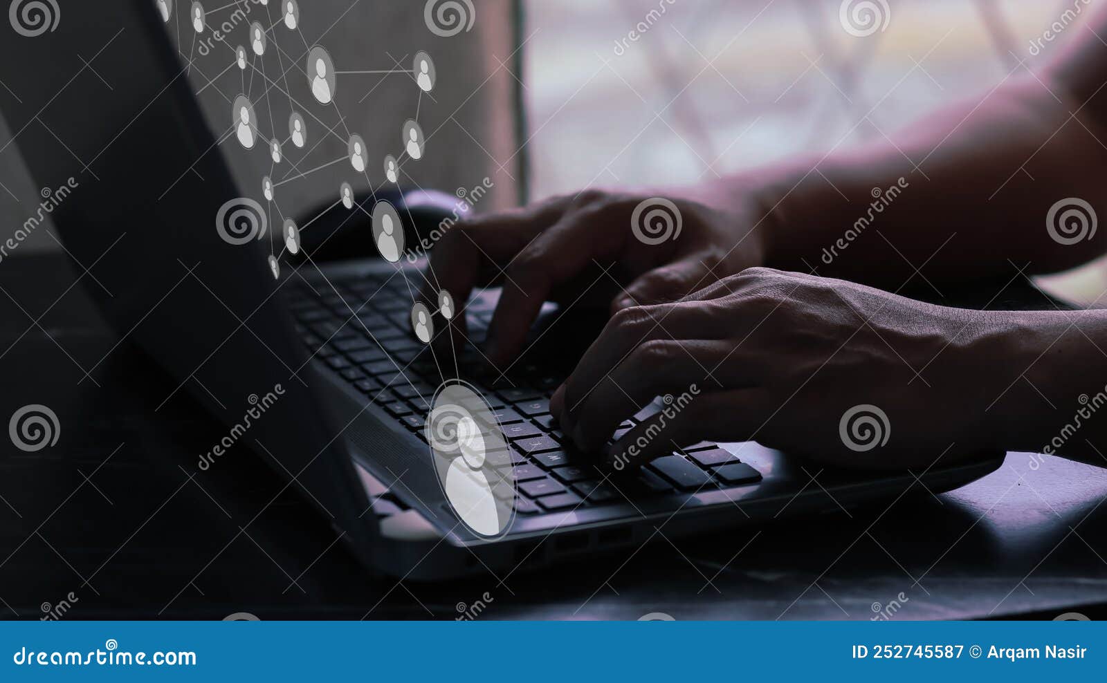 User Typing on a Laptop with Virtual Screen of Networking and Wold Map ...