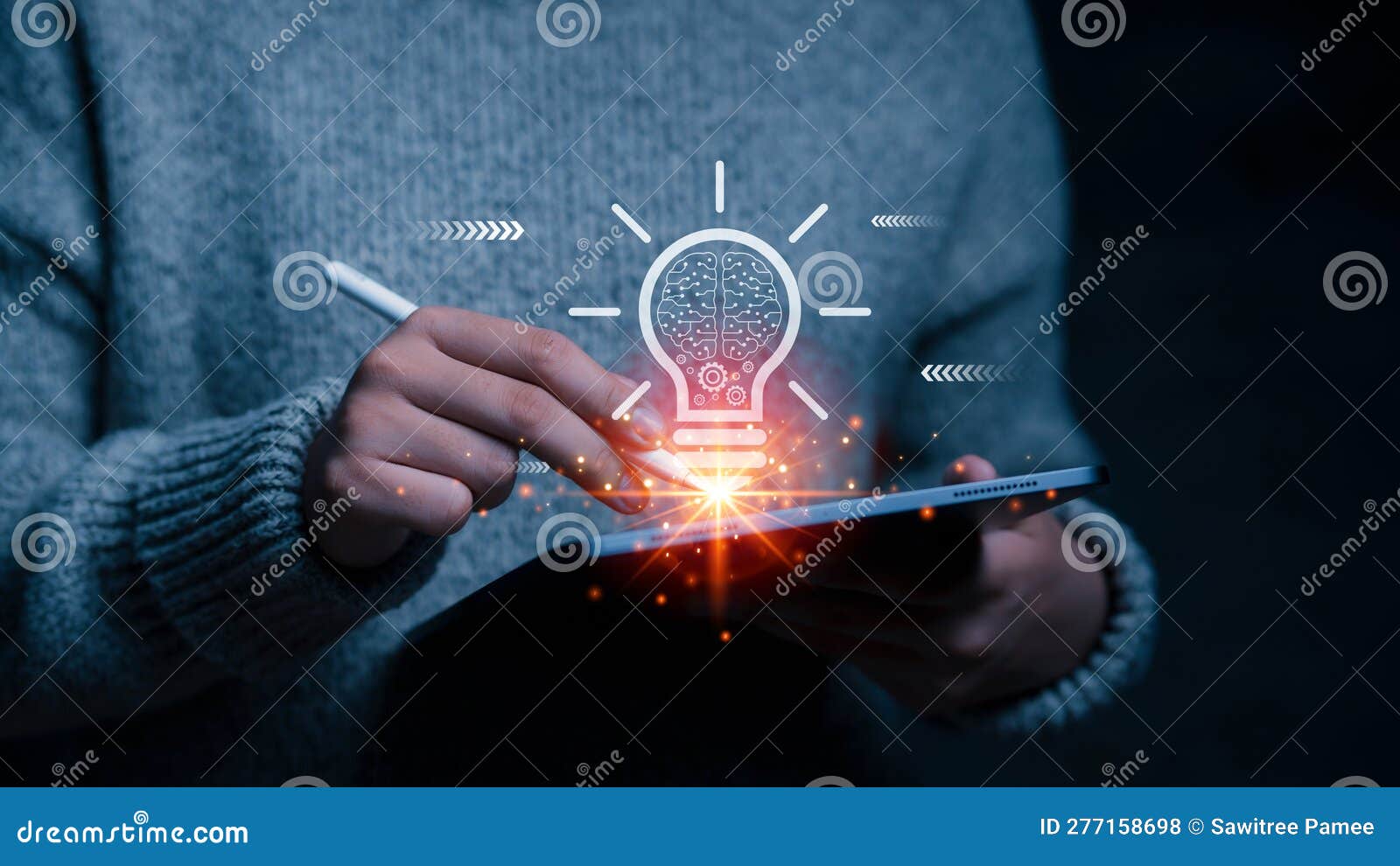 User Using Smart Tablet and Light Bulb with Digital Technology Working ...