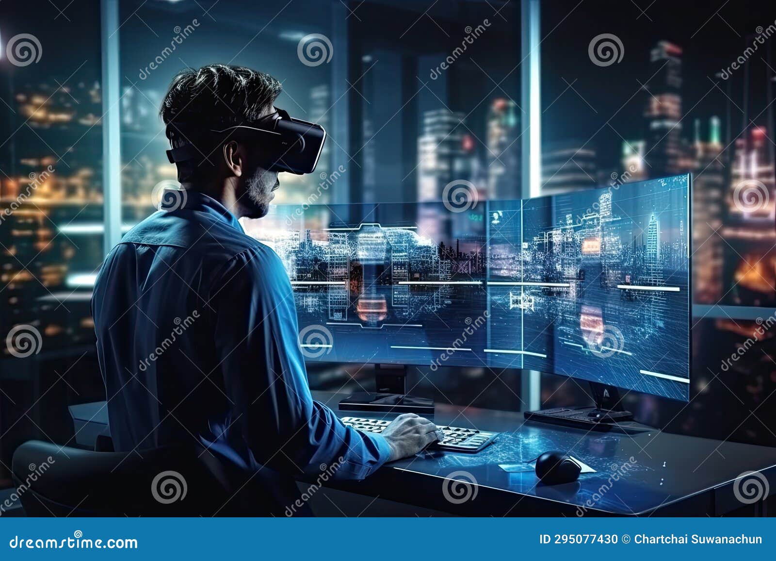 The User Wears a VR Headset, he is Interacting with a Virtual Reality ...