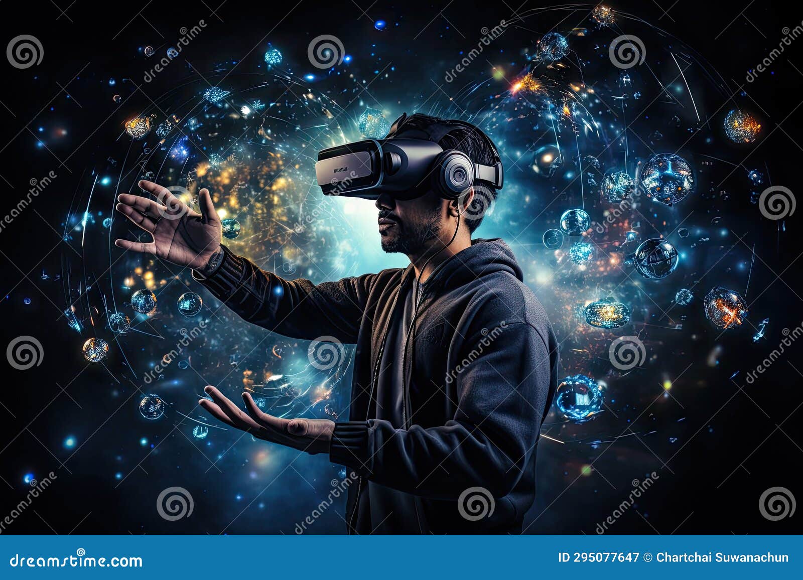 The User Wears a VR Headset, he is Interacting with a Virtual Reality ...