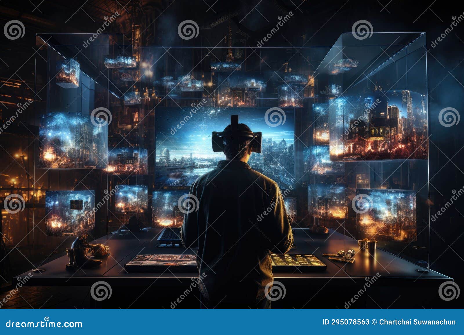 The User Wears a VR Headset, he is Interacting with a Virtual Reality ...