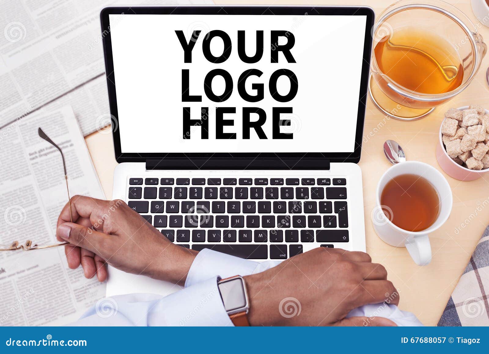 Using a Computer while Drinking Tea Stock Image - Image of snack ...