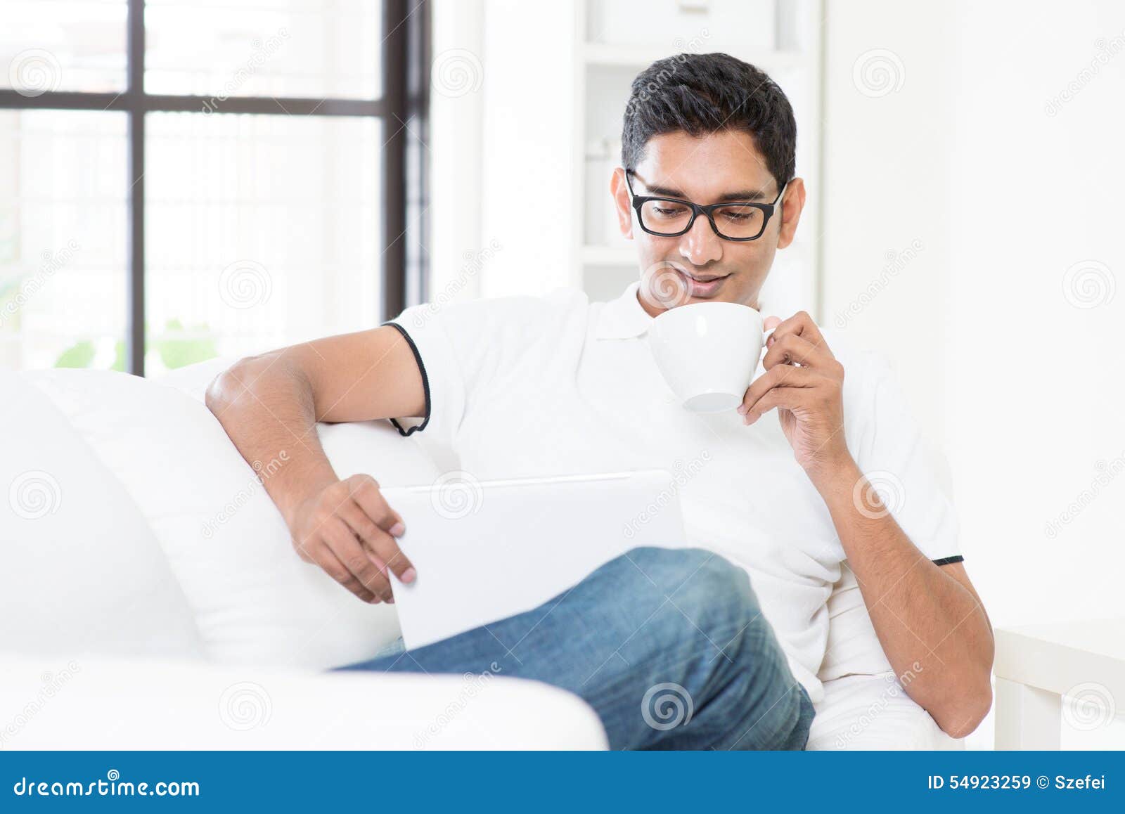 Using Digital Computer Tablet and Enjoy Tea Stock Image - Image of ...