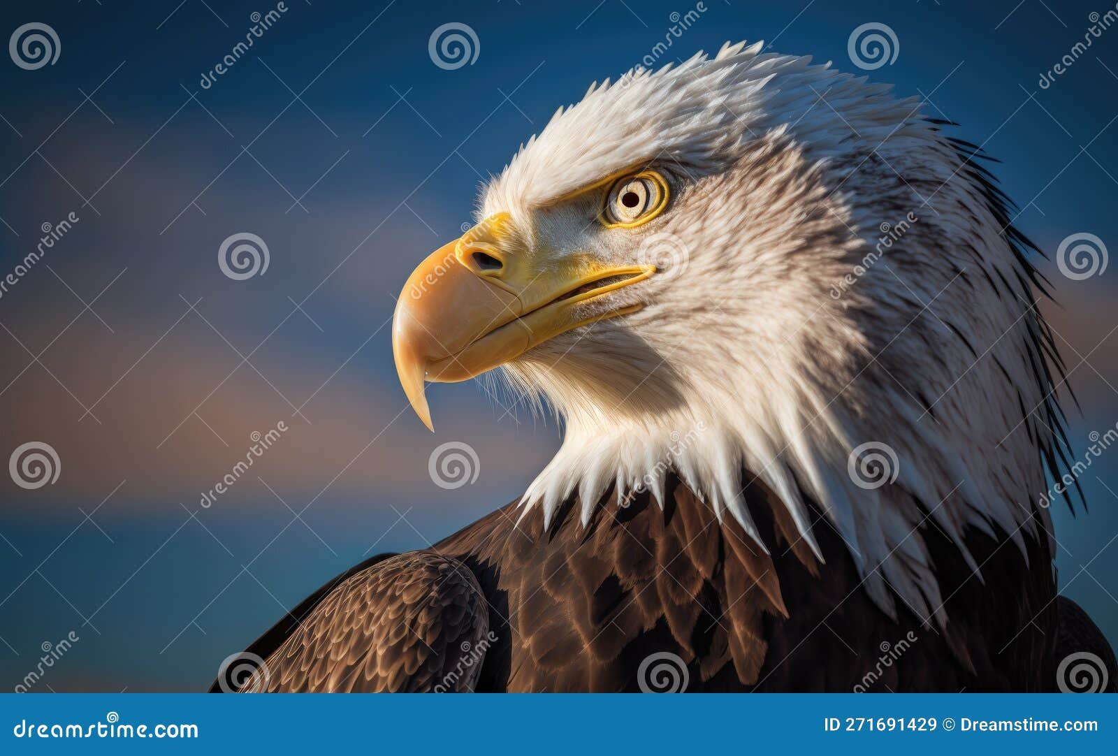 Portrait of a Bald Eagle, Side View with Blurred Blue Sky Background in ...