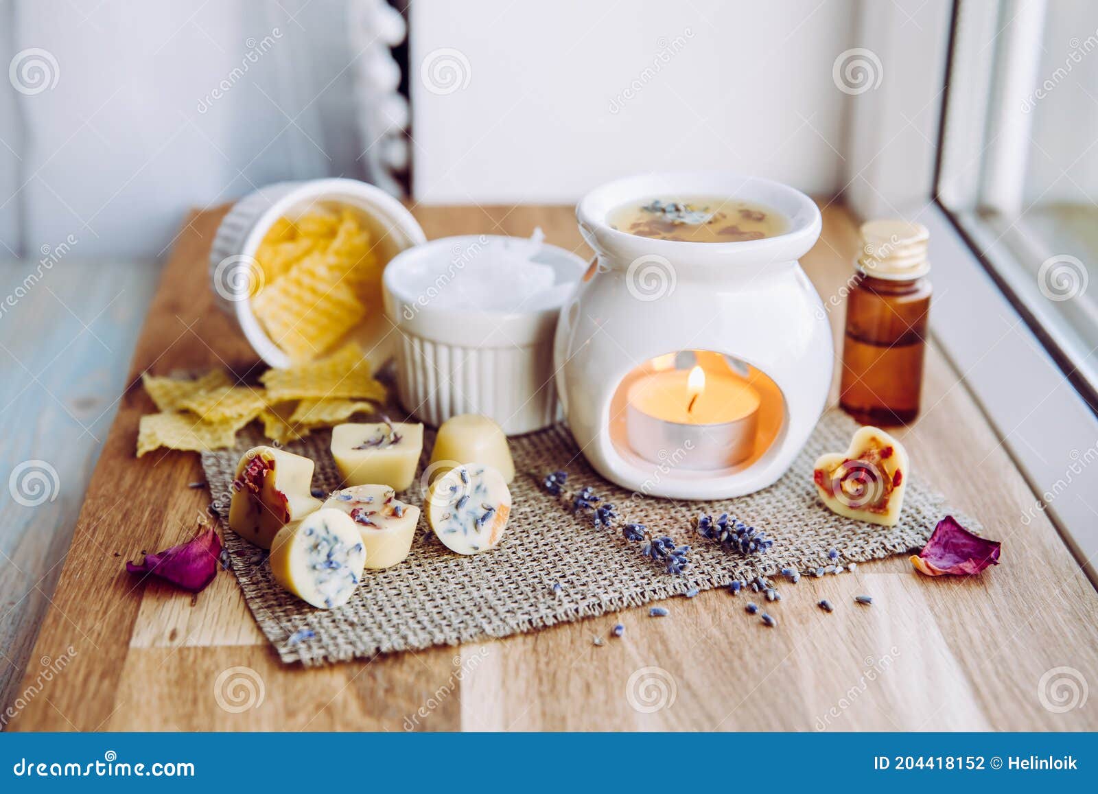 Using Homemade Mini Wax Melts in Aromatherapy Lamp Diffuser at Home Interior Concept. Stock ...