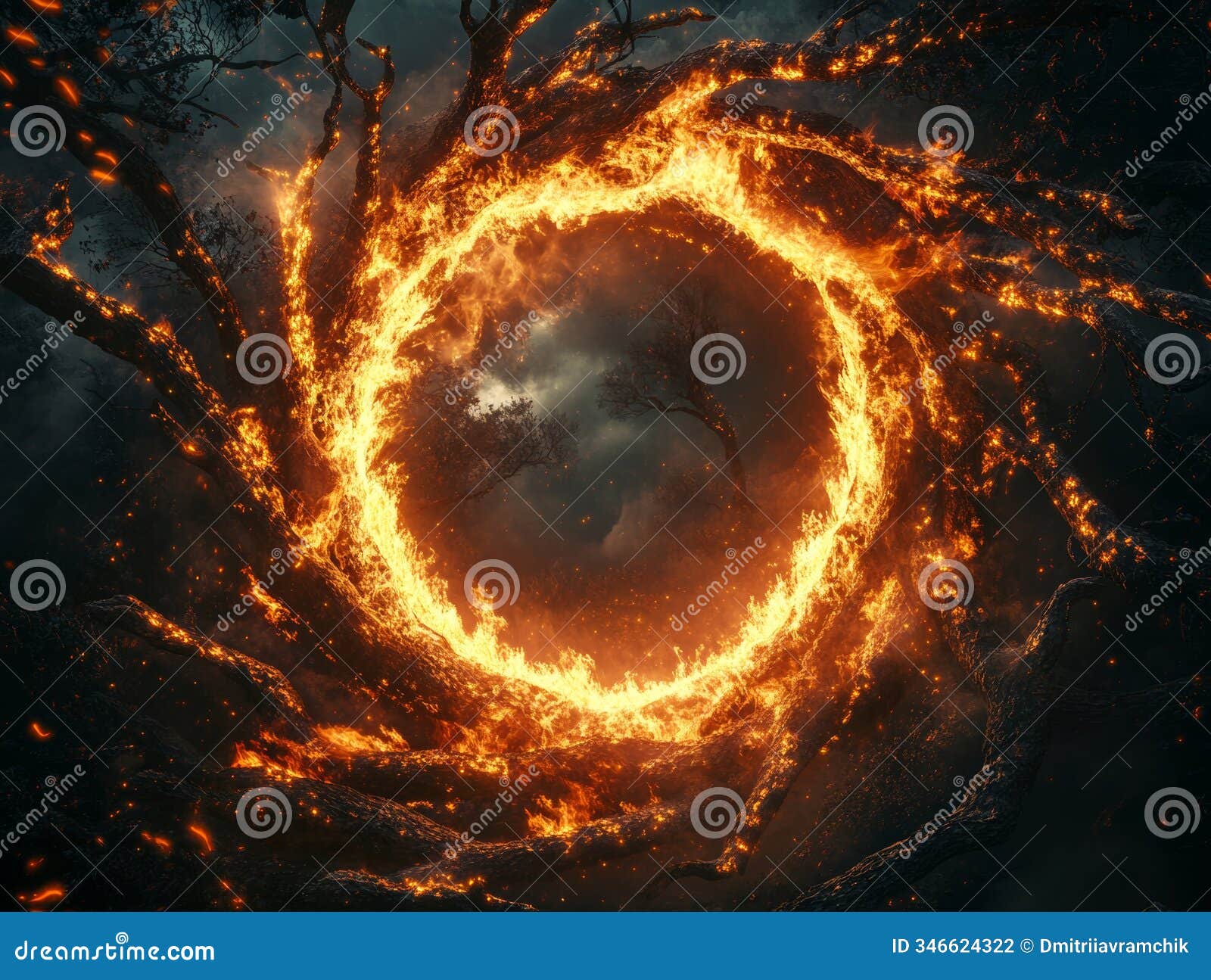 Using Jagged Red and Orange Lines, Smoke Spirals Above, Hexagonal Frame ...