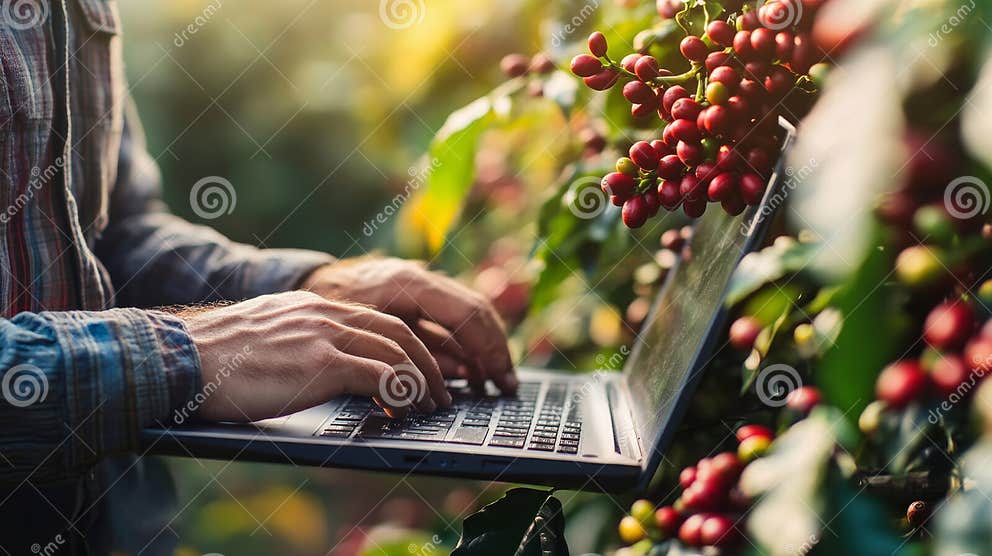 Using a Laptop, a Farmer Observes the Development of Coffee Plants in the Field. Stock Photo ...