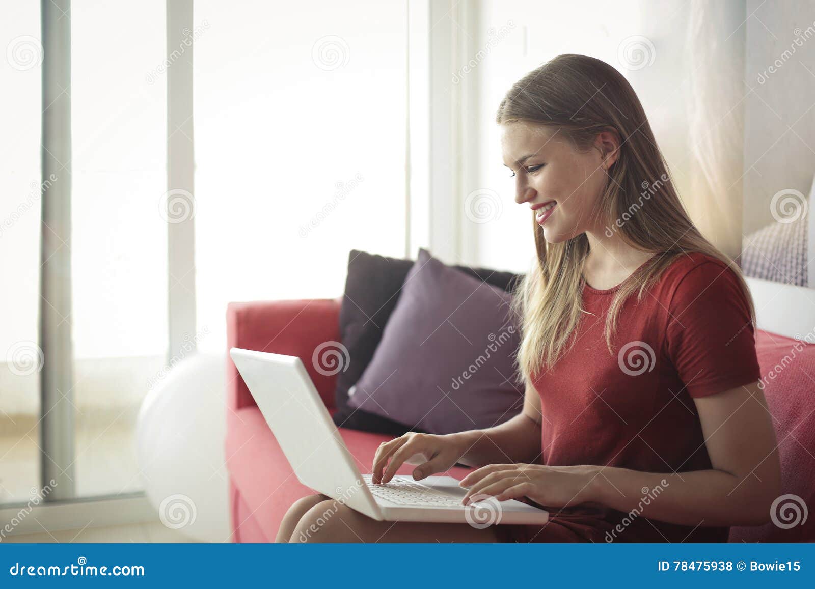 Using laptop at home stock photo. Image of fashion, girl - 78475938