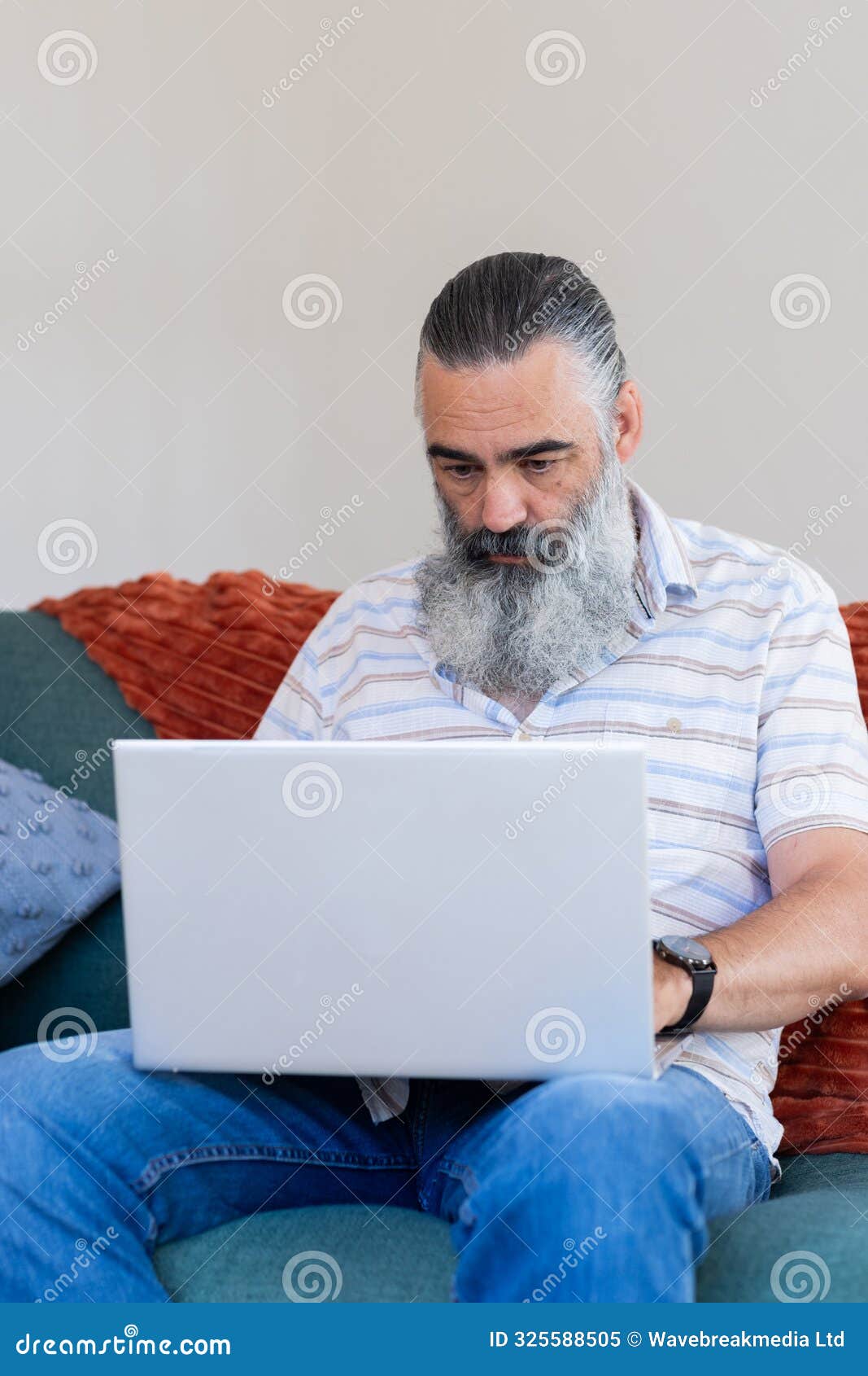 Using Laptop, Senior Man Concentrating on Work while Sitting on Couch ...