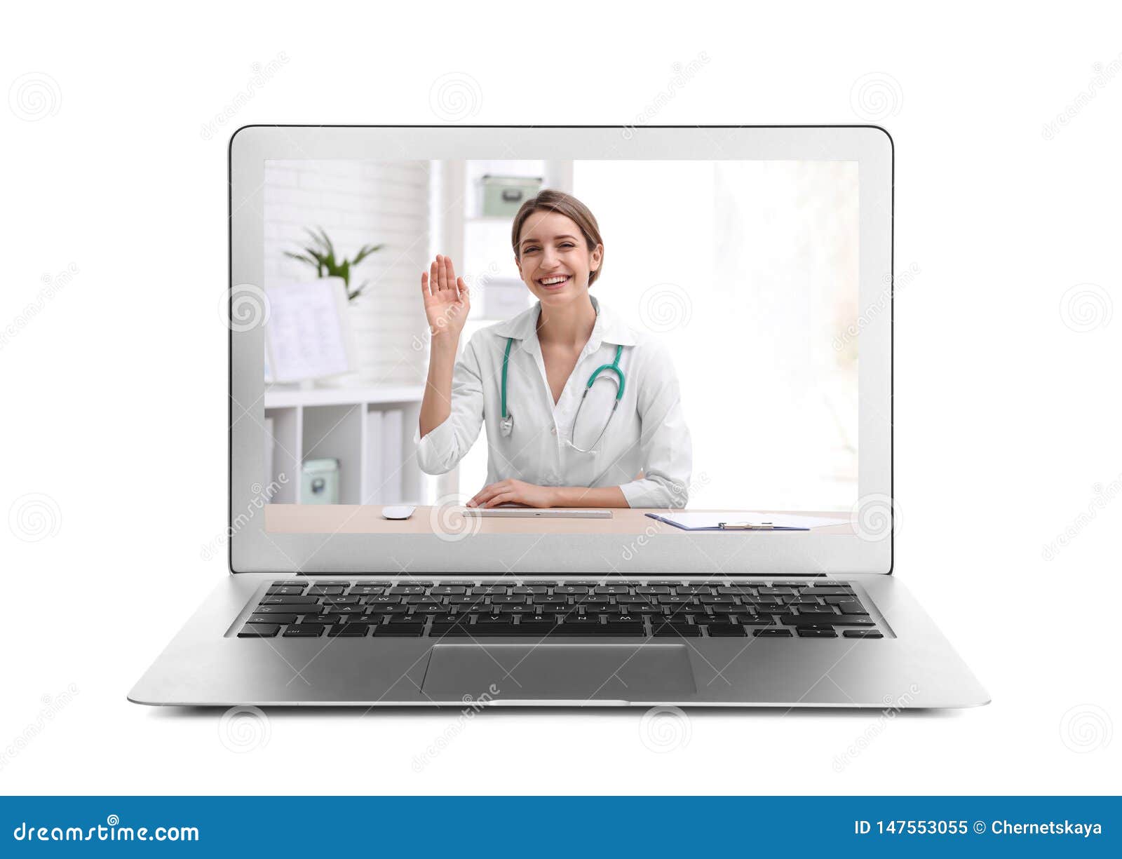 Using Laptop for Video Chat with Doctor on White. Online Consultation ...